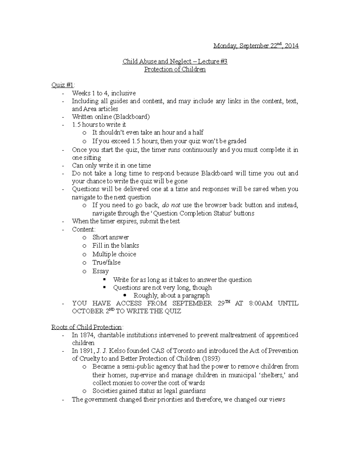 Lecture notes, lectures 3 - Monday, September 22nd, 2014 Child Abuse ...
