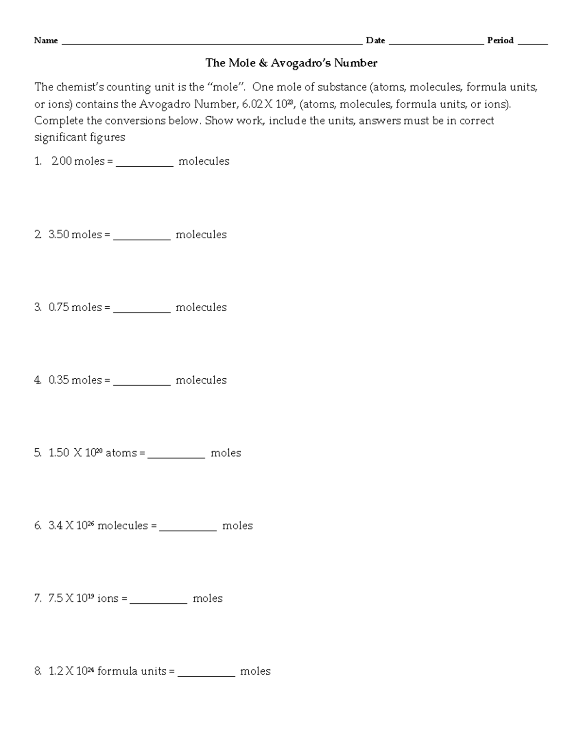 Mole Avogadros Number - Homework - Name - Studocu