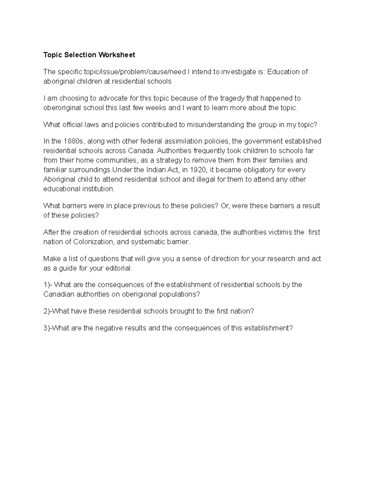 Untitled document-16 - psyc - Topic Selection Worksheet The specific ...