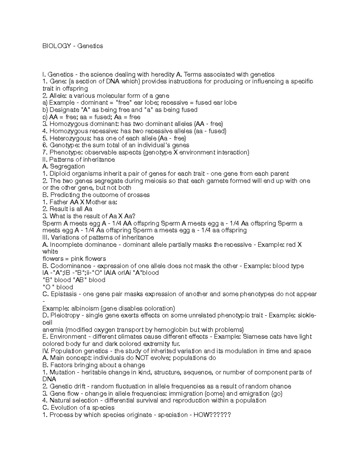 Bio 9 - Notes - BIOLOGY - Genetics I. Genetics - the science dealing ...