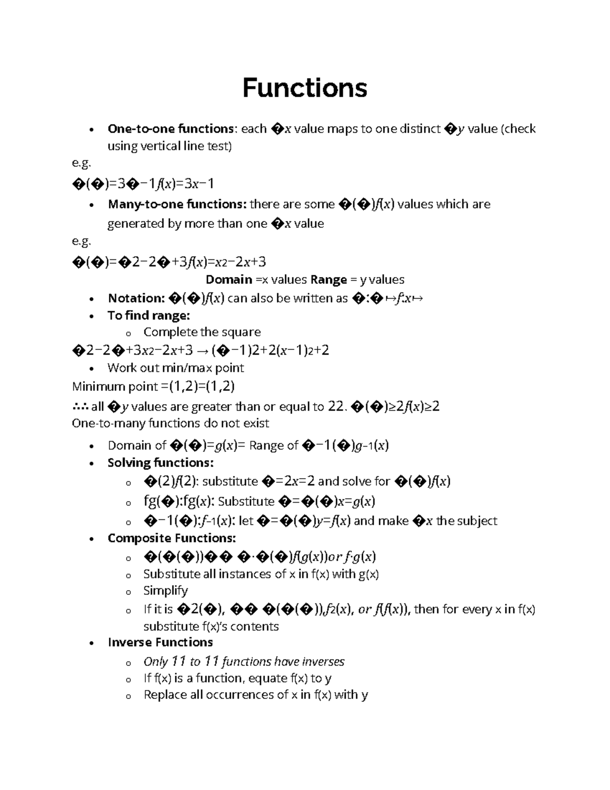 Functions - Functions One-to-one functions: each x value maps to one distinct y value (check ...