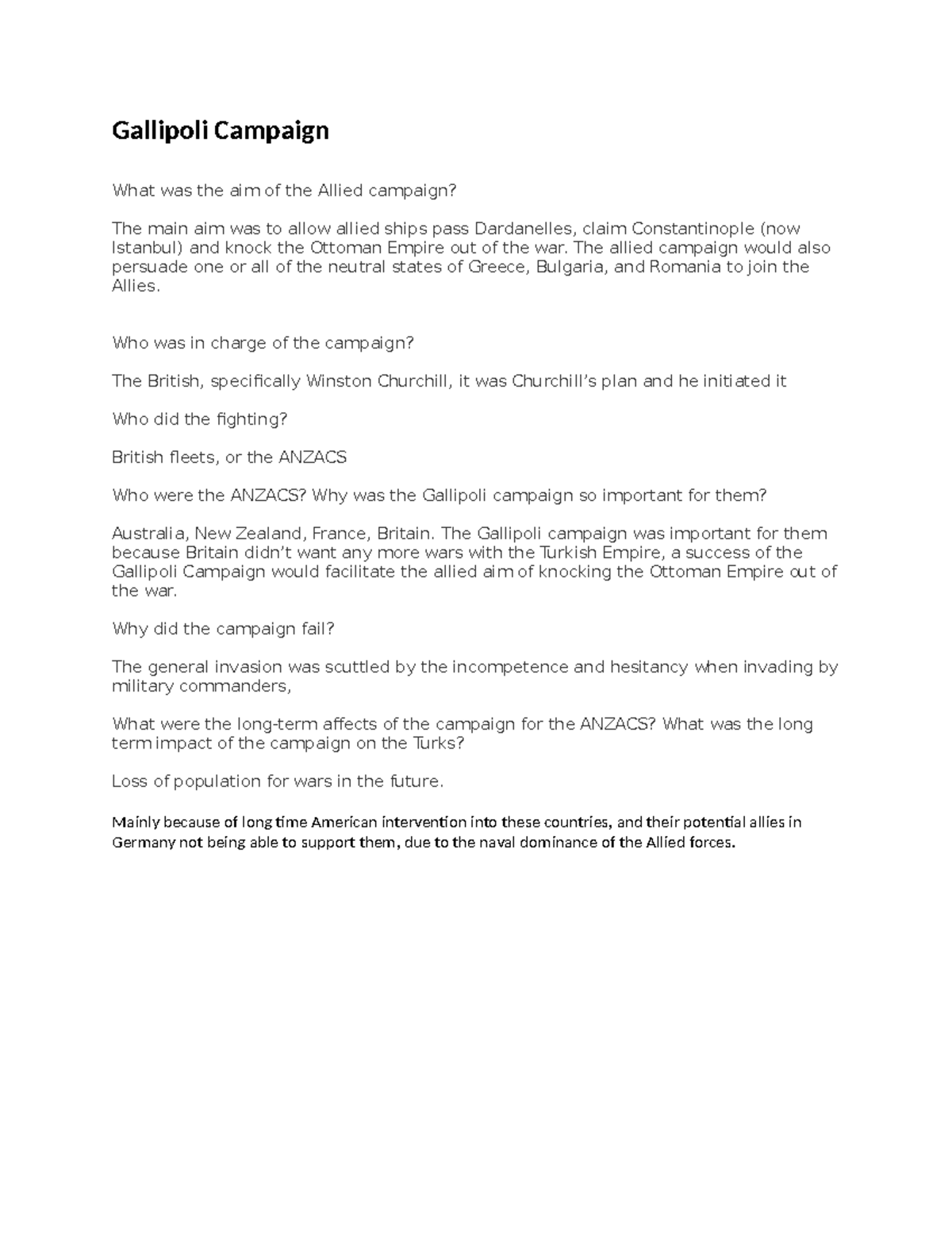 Gallipoli Campaign notes - Gallipoli Campaign What was the aim of the ...