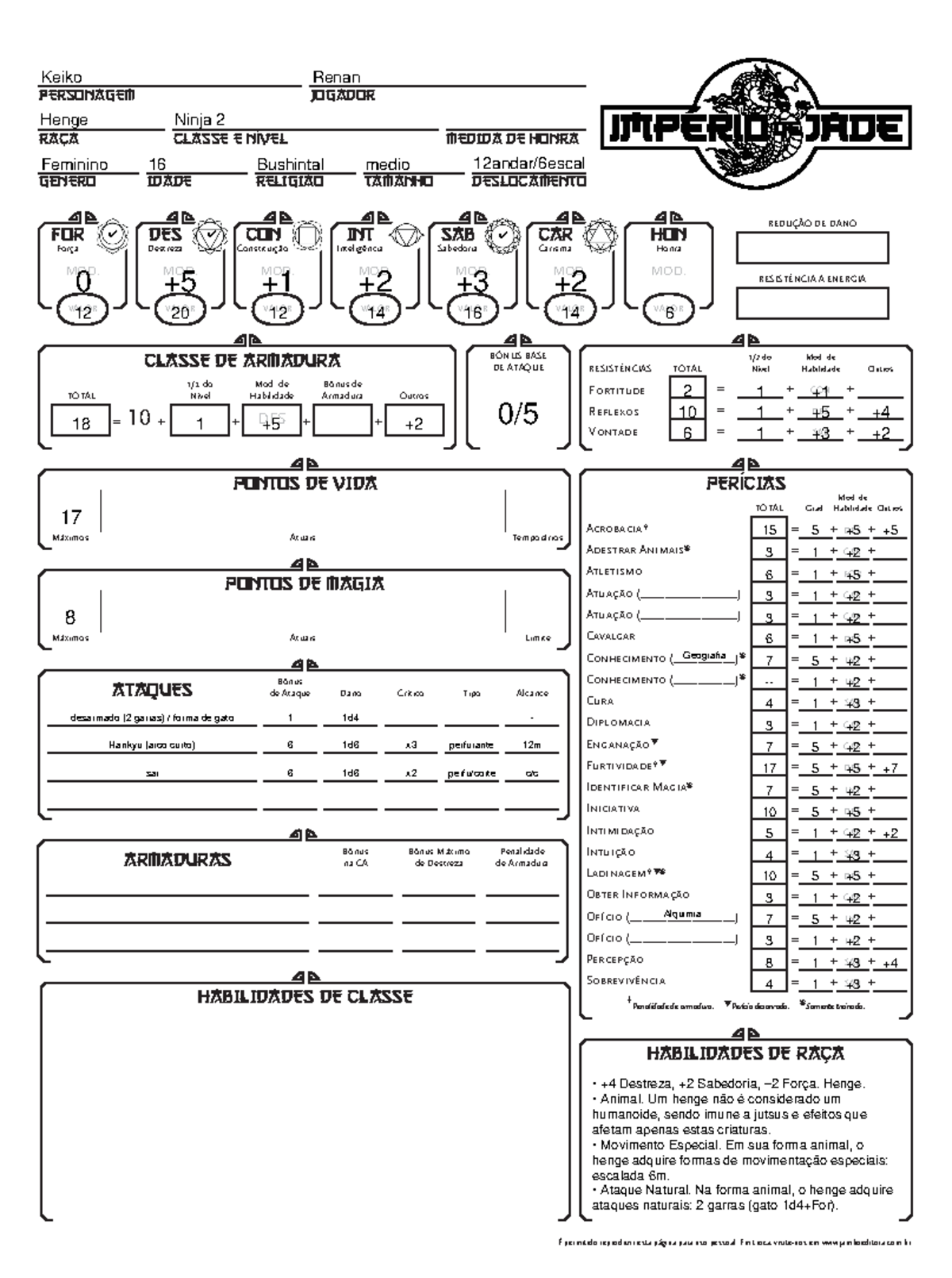 Keiko - Ninja nivel 2 - Ficha de personagem para império de jade - É ...