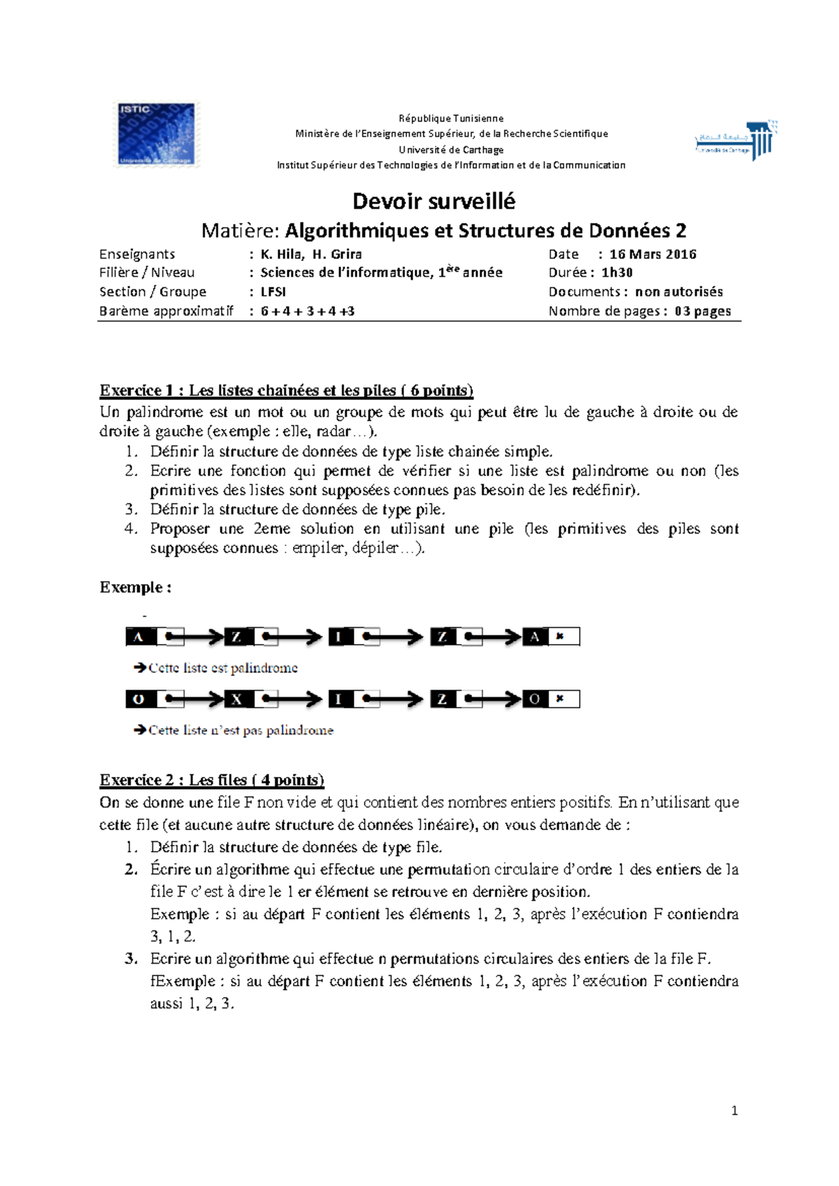 DS ASD2 2016 - algorithmique - République Tunisienne Ministère de l ...