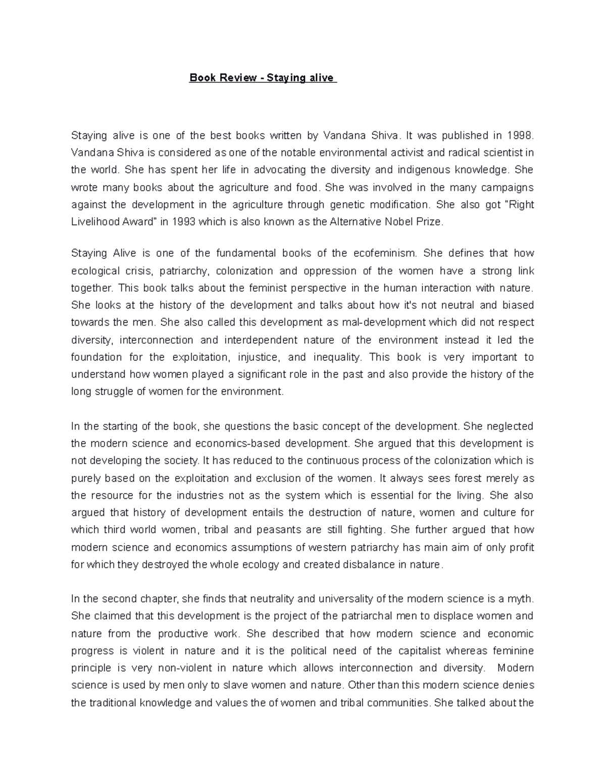 Bookreviewwithsummaryof Stayingaliveby Vadanashiva - Book Review ...