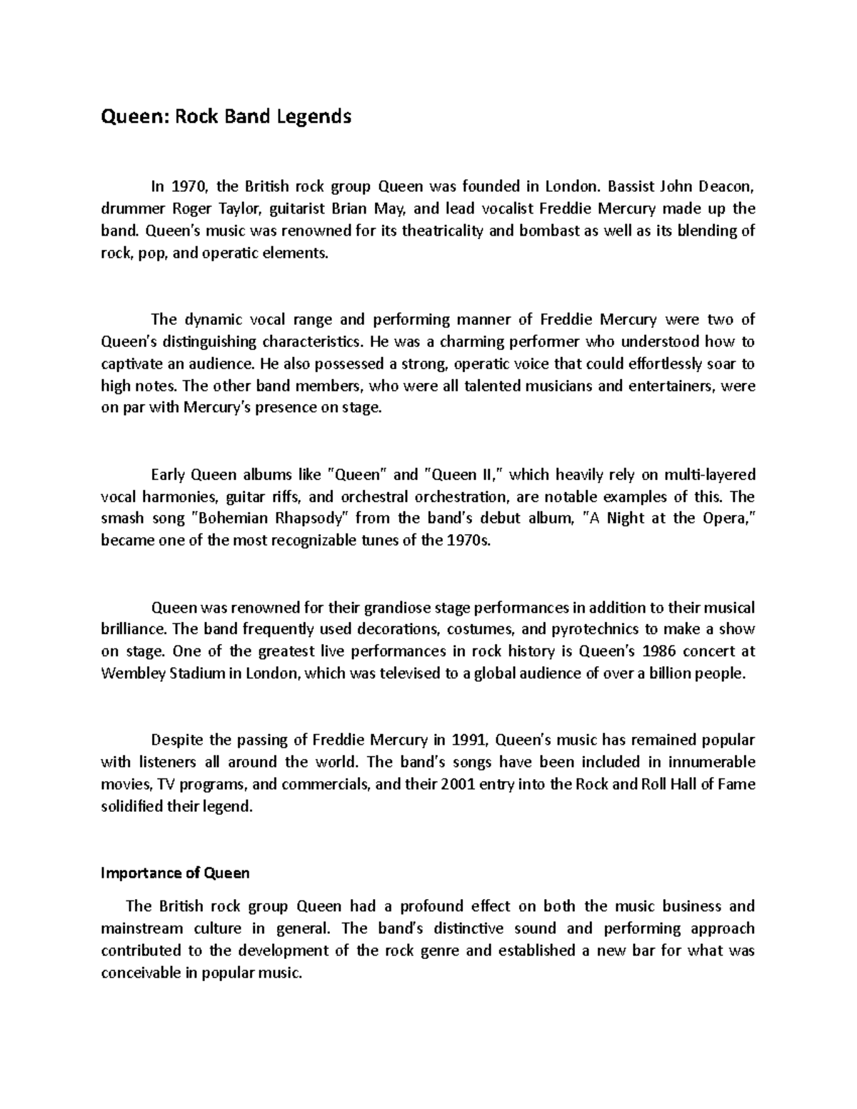 Lecture Notes - Queen - Queen: Rock Band Legends In 1970, the British ...