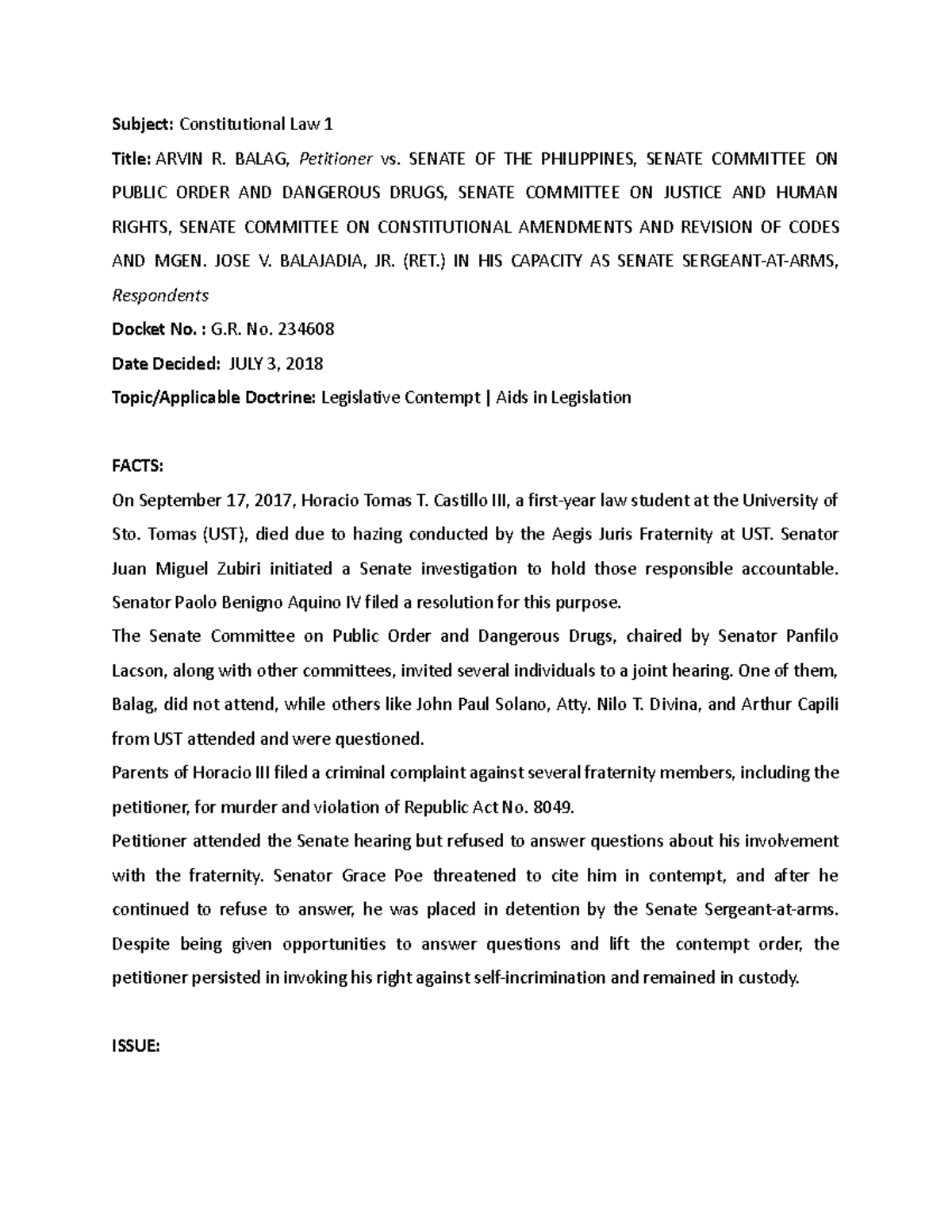 G.R. 234608 - Balag case - Subject: Constitutional Law 1 Title: ARVIN R ...