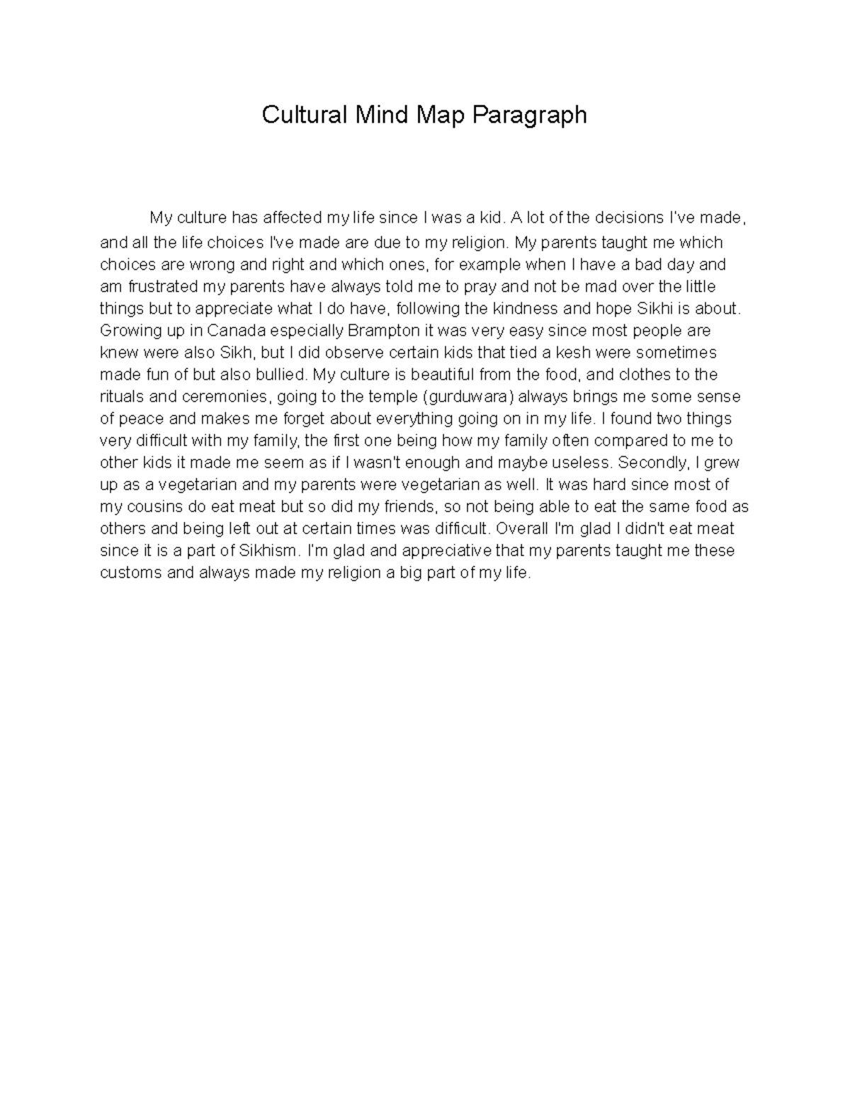 Cultural Mind Map Paragraph - A lot of the decisions I’ve made, and all ...