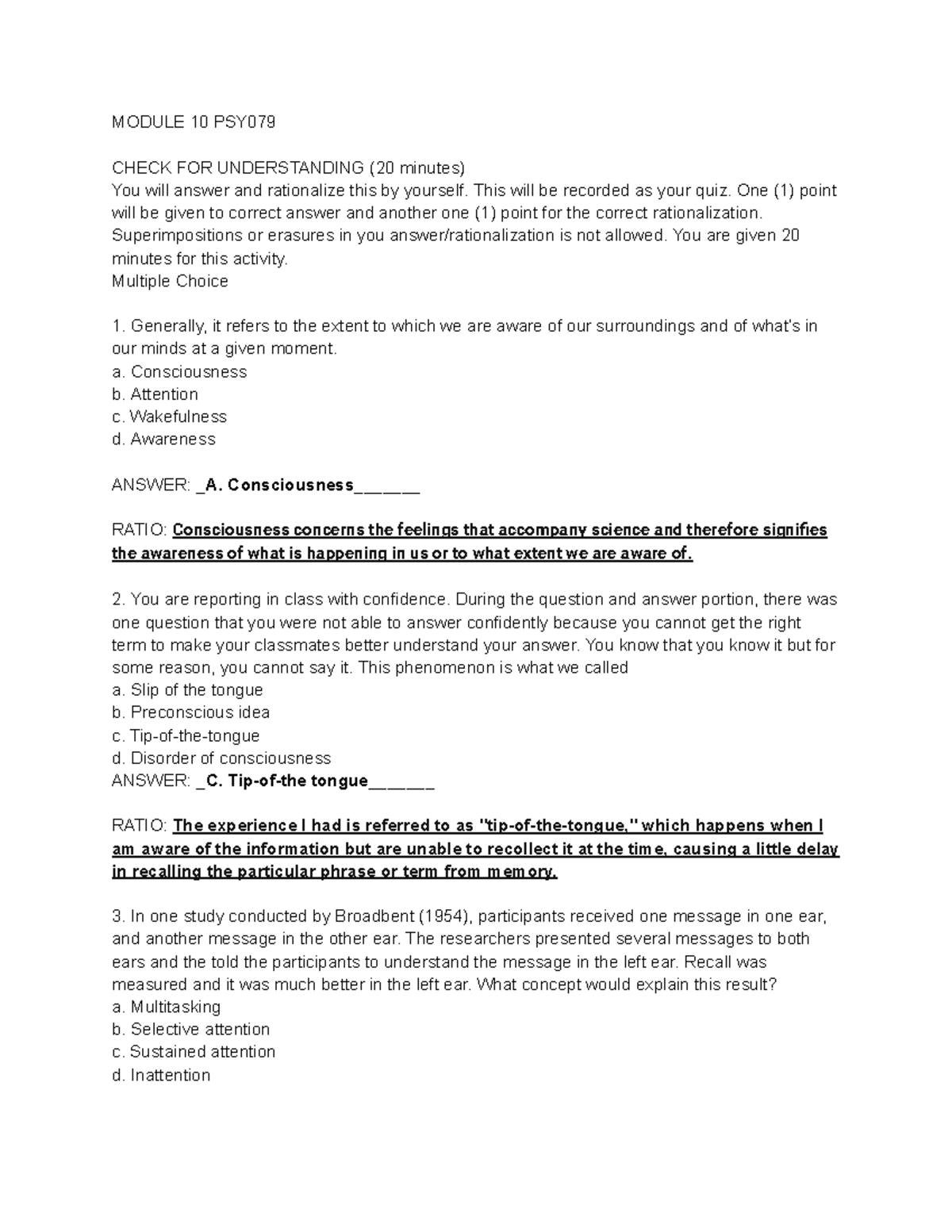 Module 10 PSY079 - MODULE 10 PSY CHECK FOR UNDERSTANDING (20 minutes ...