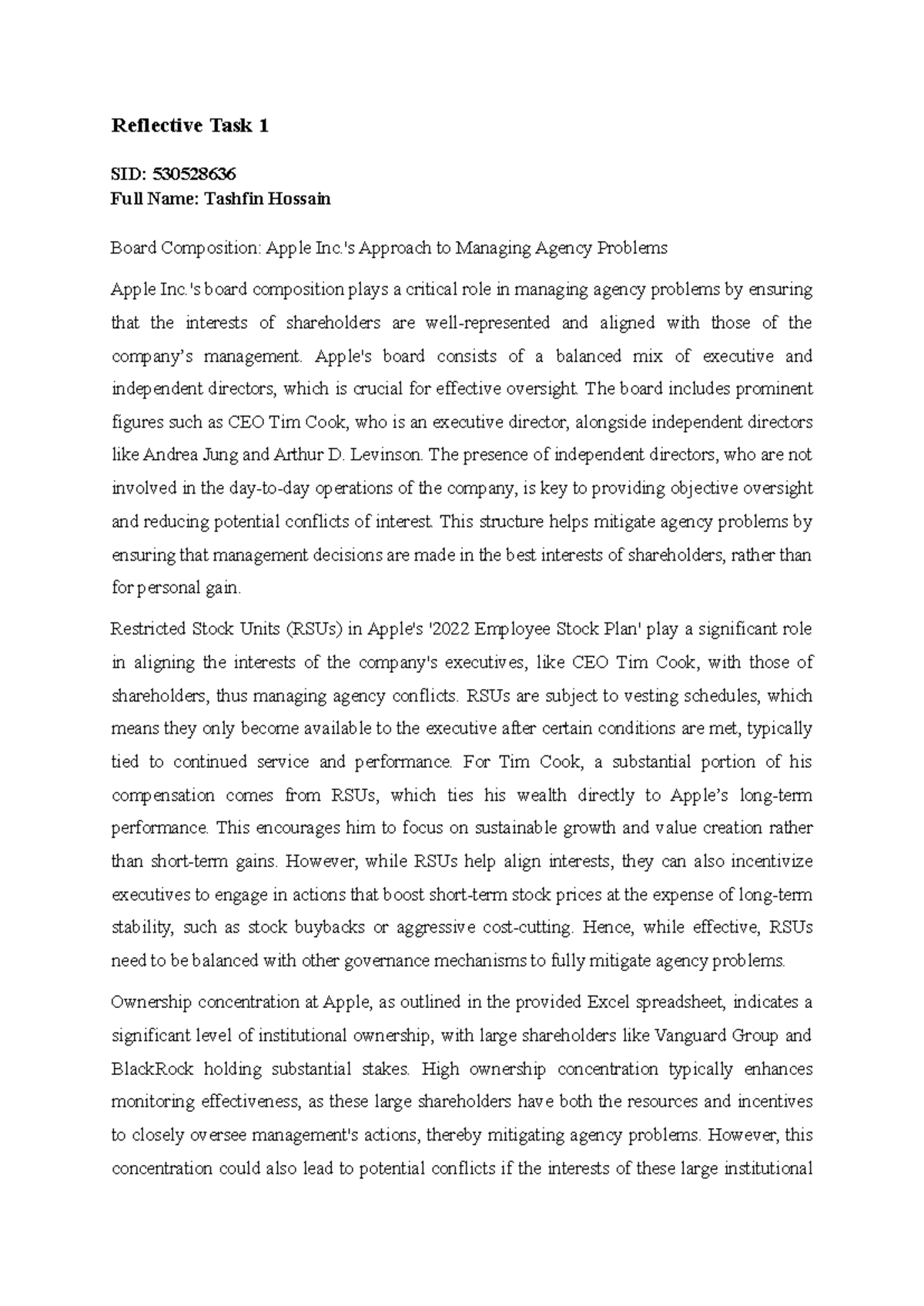 Reflective Task Template - Reflective Task 1 SID: 530528636 Full Name: Tashfin Hossain Board ...