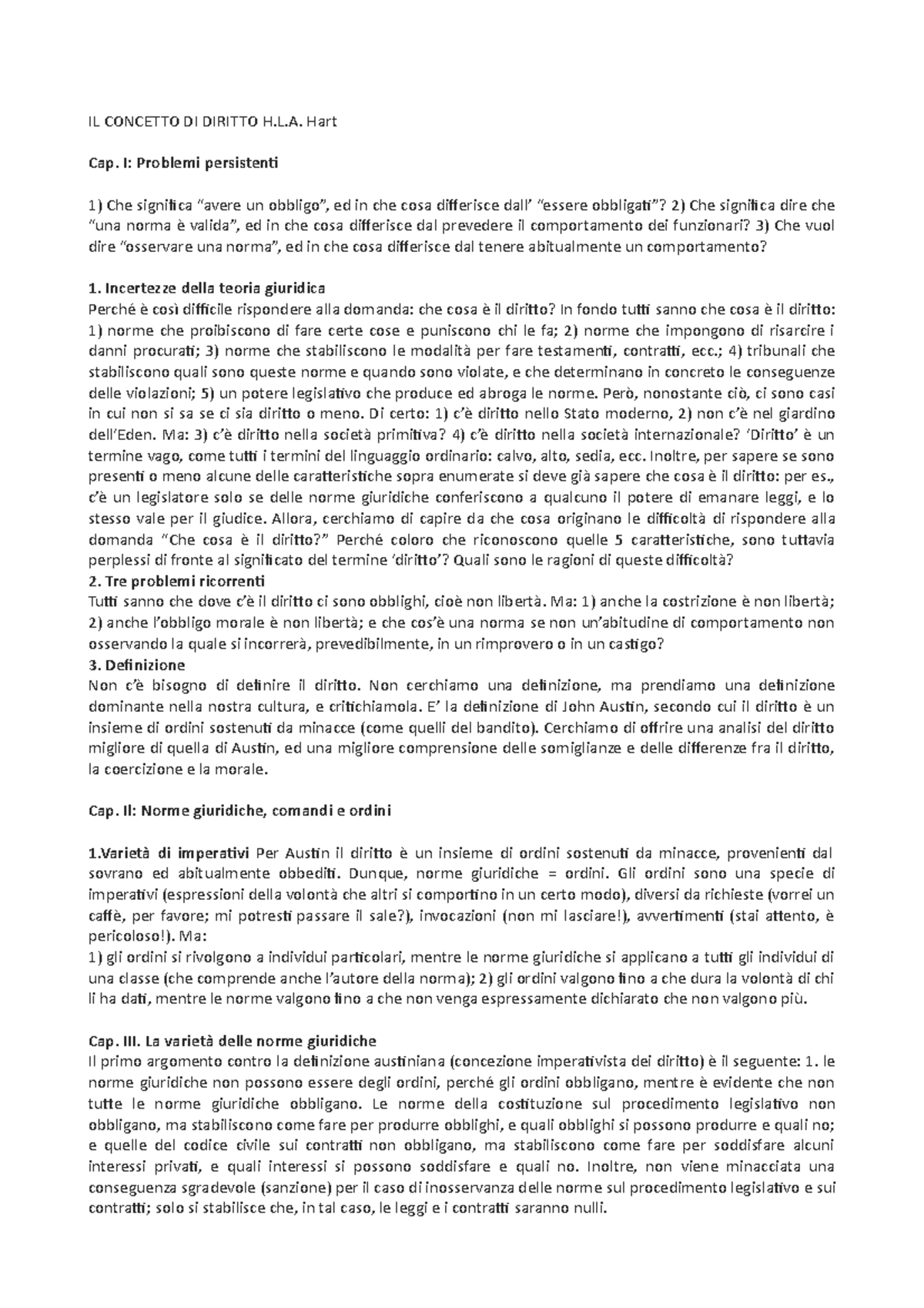 Riassunto del manuale H. Hart, Il concetto di diritto, Einaudi, Torino ...