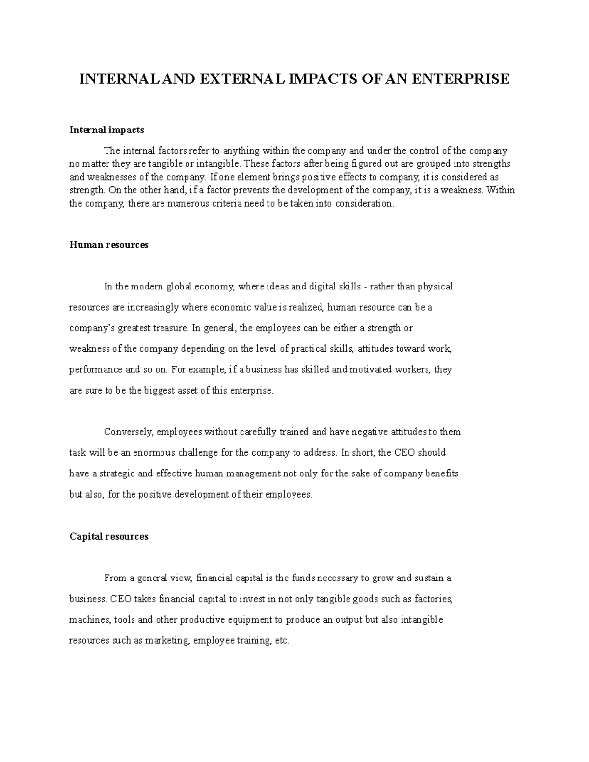 Internal AND External Impacts OF AN Enterprise - INTERNAL AND EXTERNAL ...