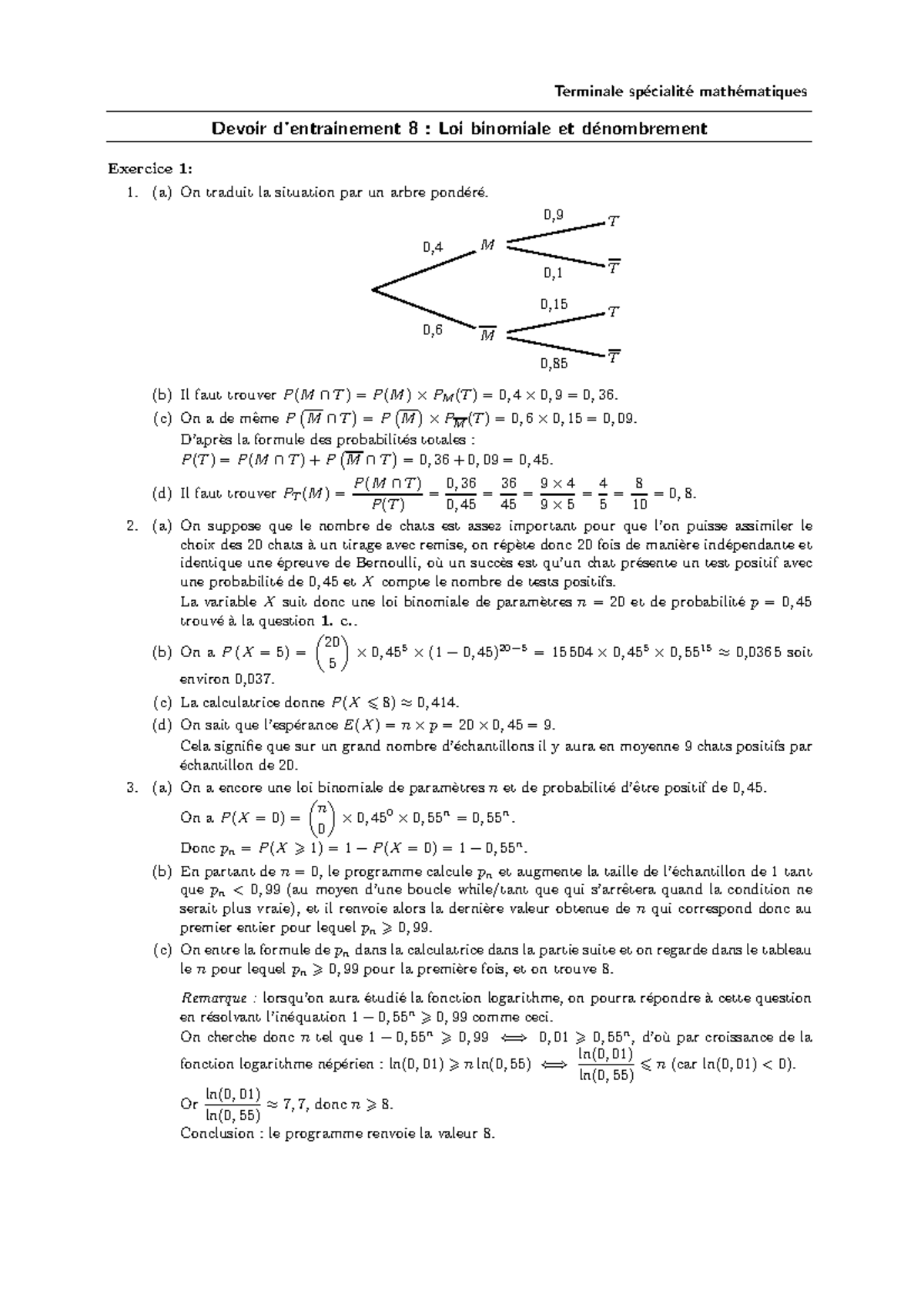 probabilites loi binomiale Corrige - Terminale sp ́ecialit ́e math ...