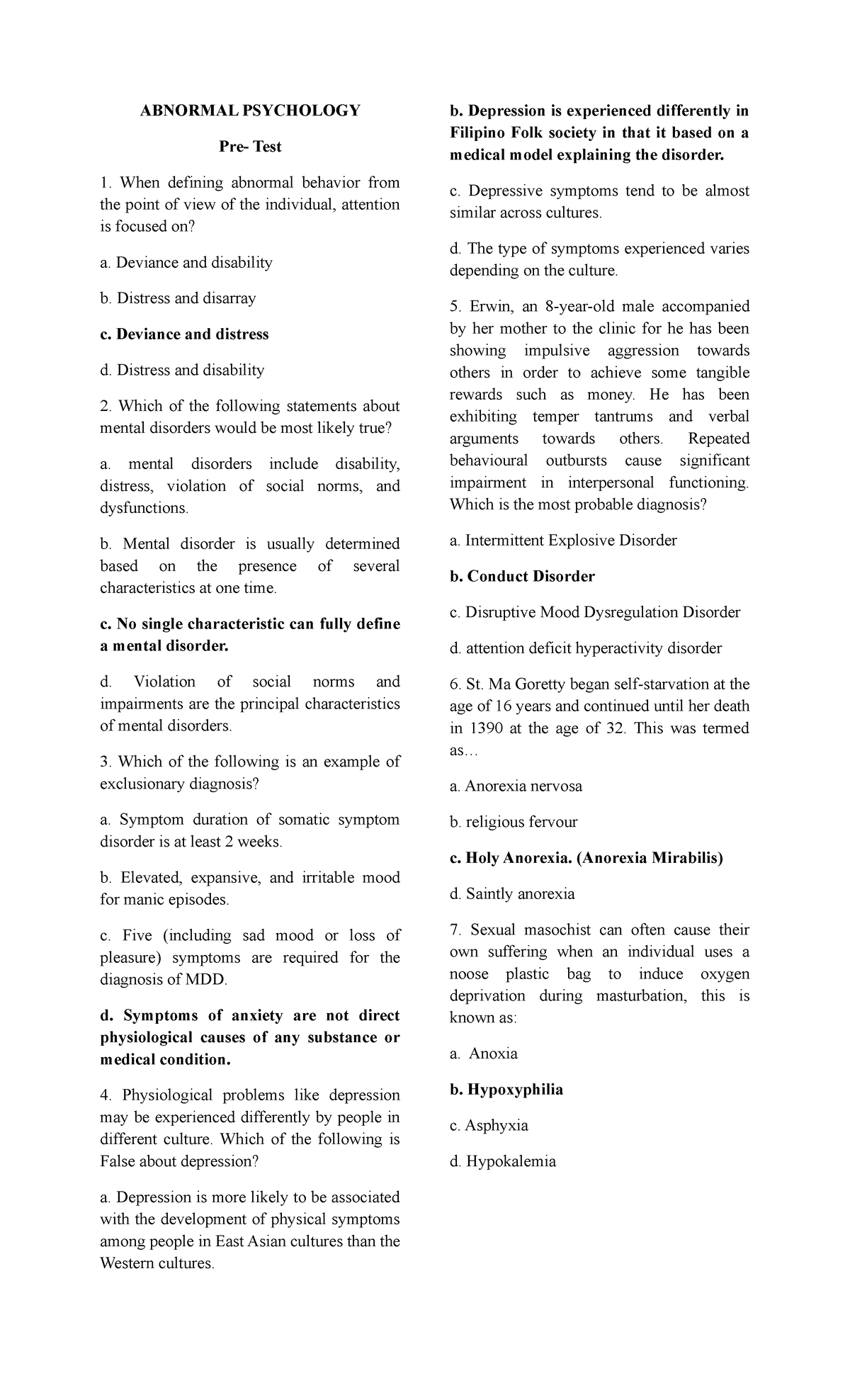 Abnormal Psychology PRE TEST - ABNORMAL PSYCHOLOGY Pre- Test When ...