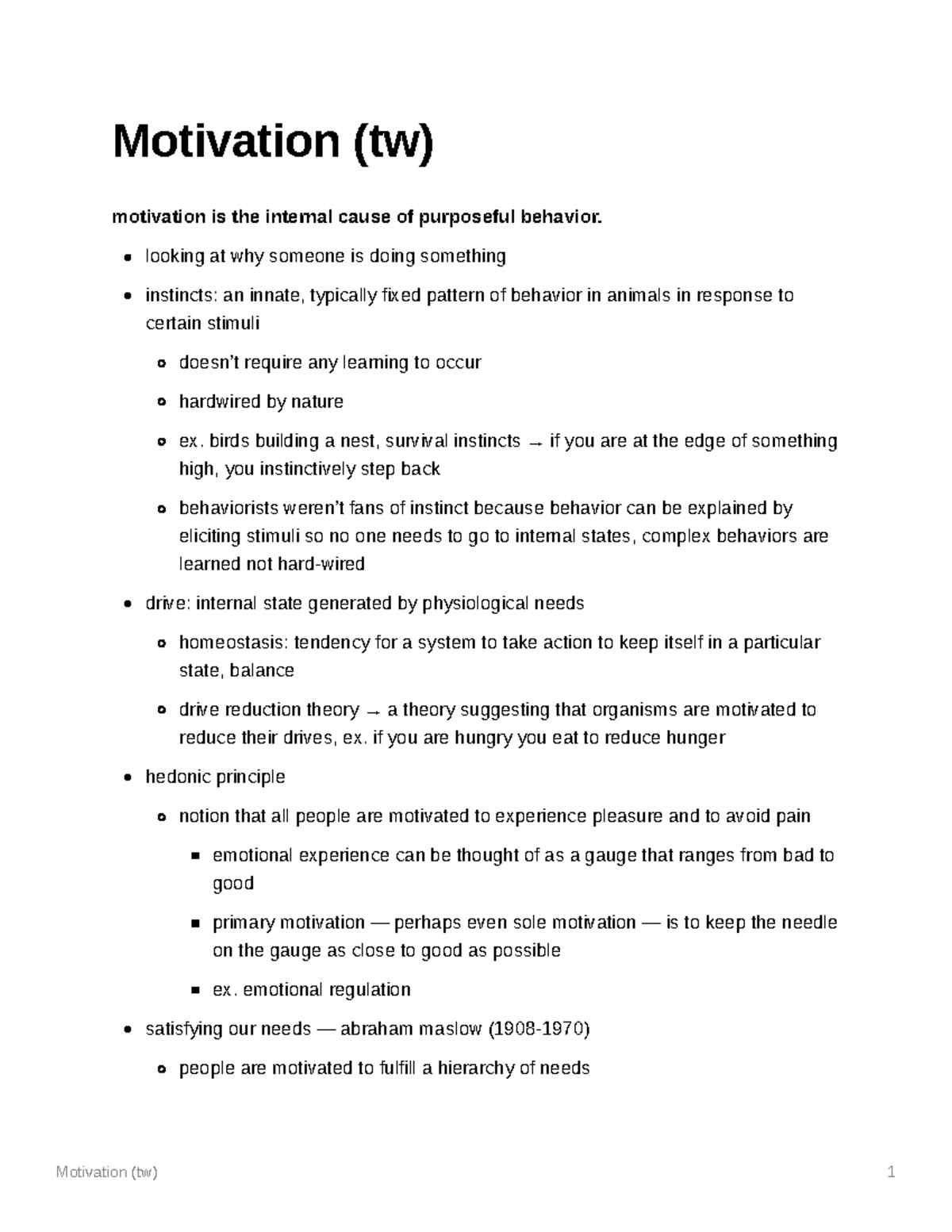 Motivation (tw) - lecture notes from introduction to psychology with ...