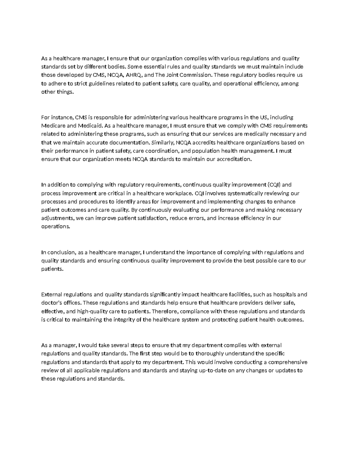 Wk 4 Summative Assessment Quality Assurance Interview - As a healthcare ...