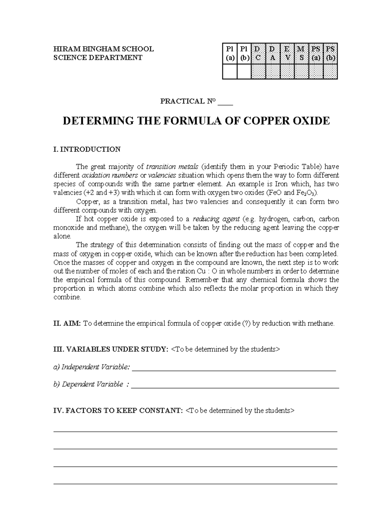 CHEM Practical Empirical Formula of Copper Oxide - HIRAM BINGHAM SCHOOL ...
