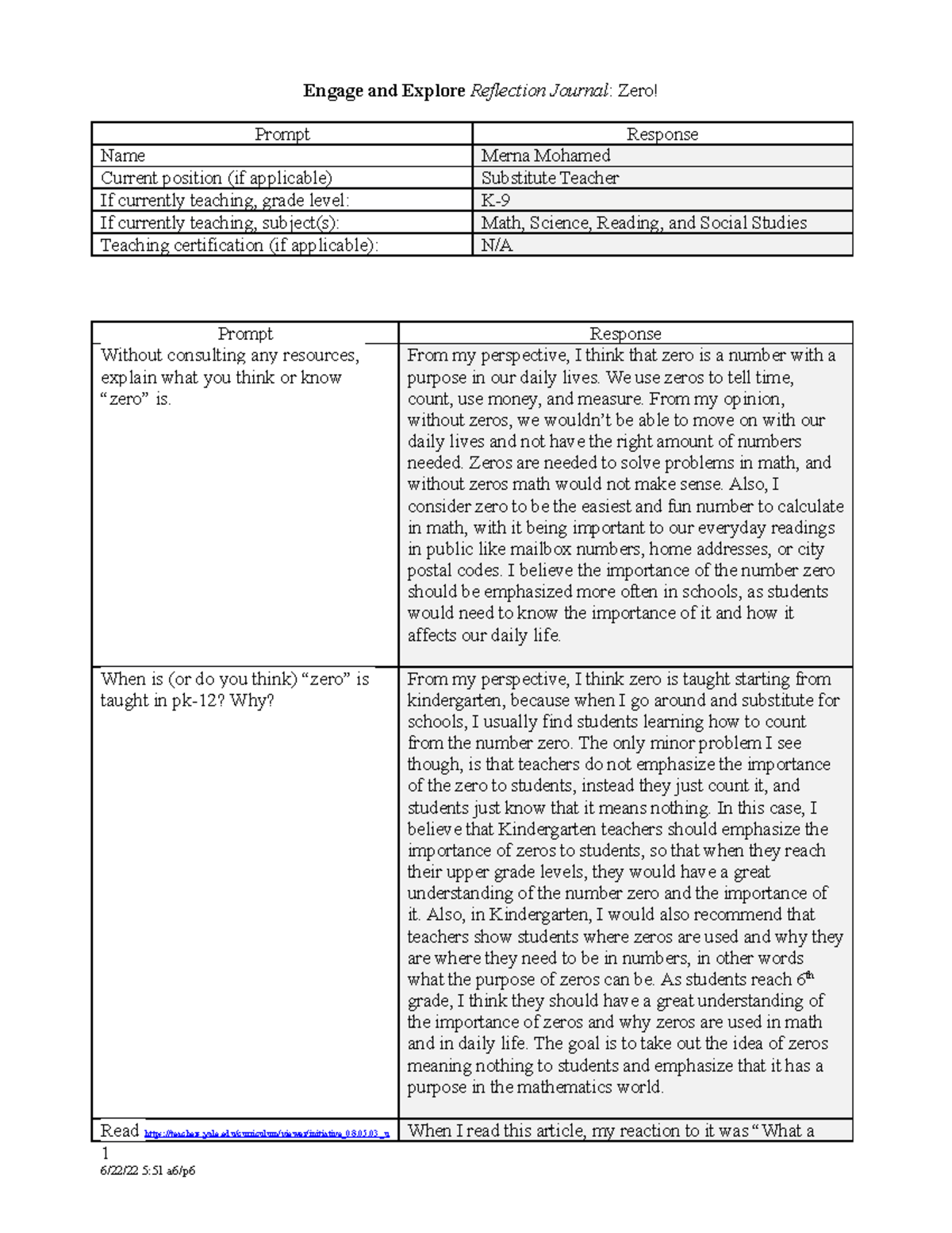 Engage And Explore Reflection Journal Zero From My Perspective I