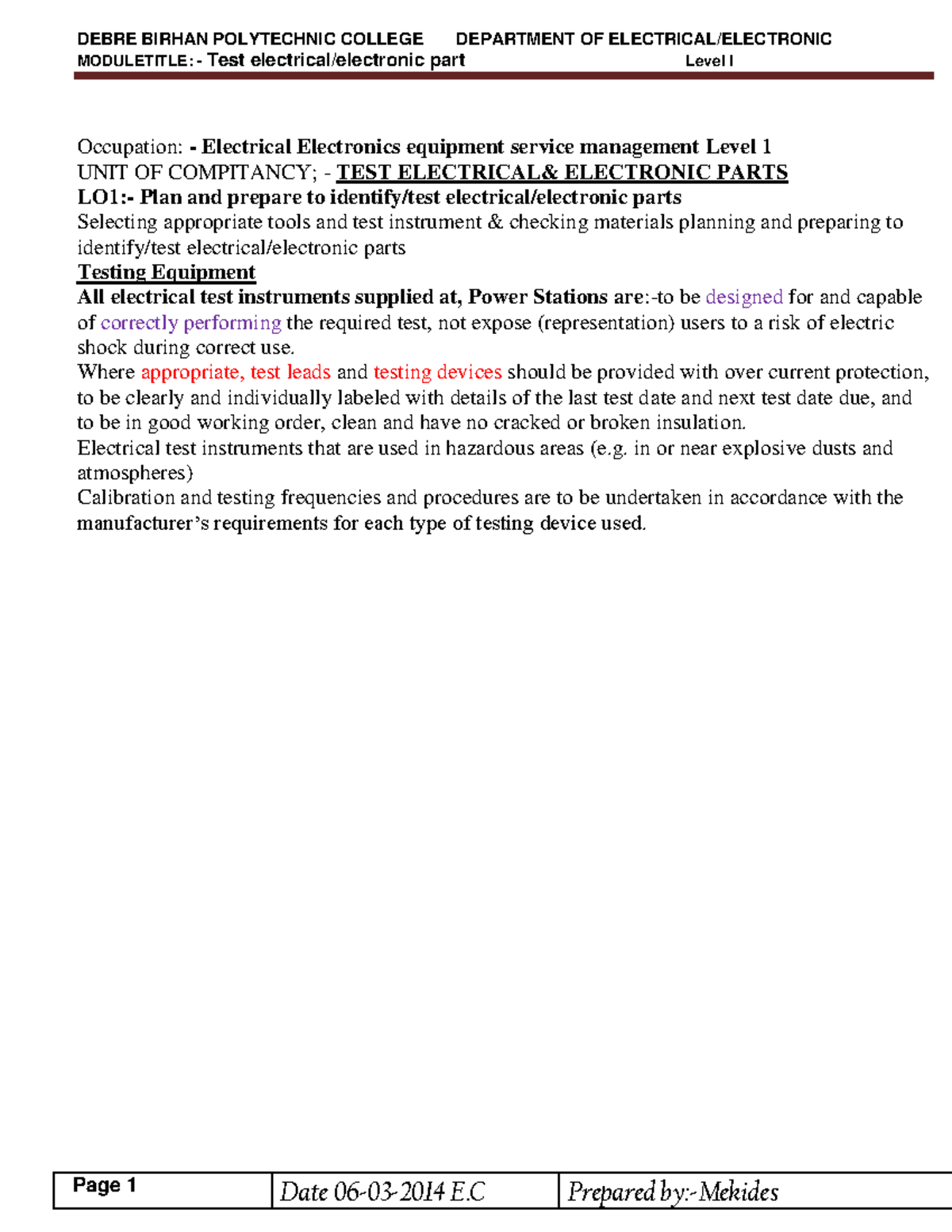 TTLM - It is for tutor - MODULETITLE: - Test electrical/electronic part ...
