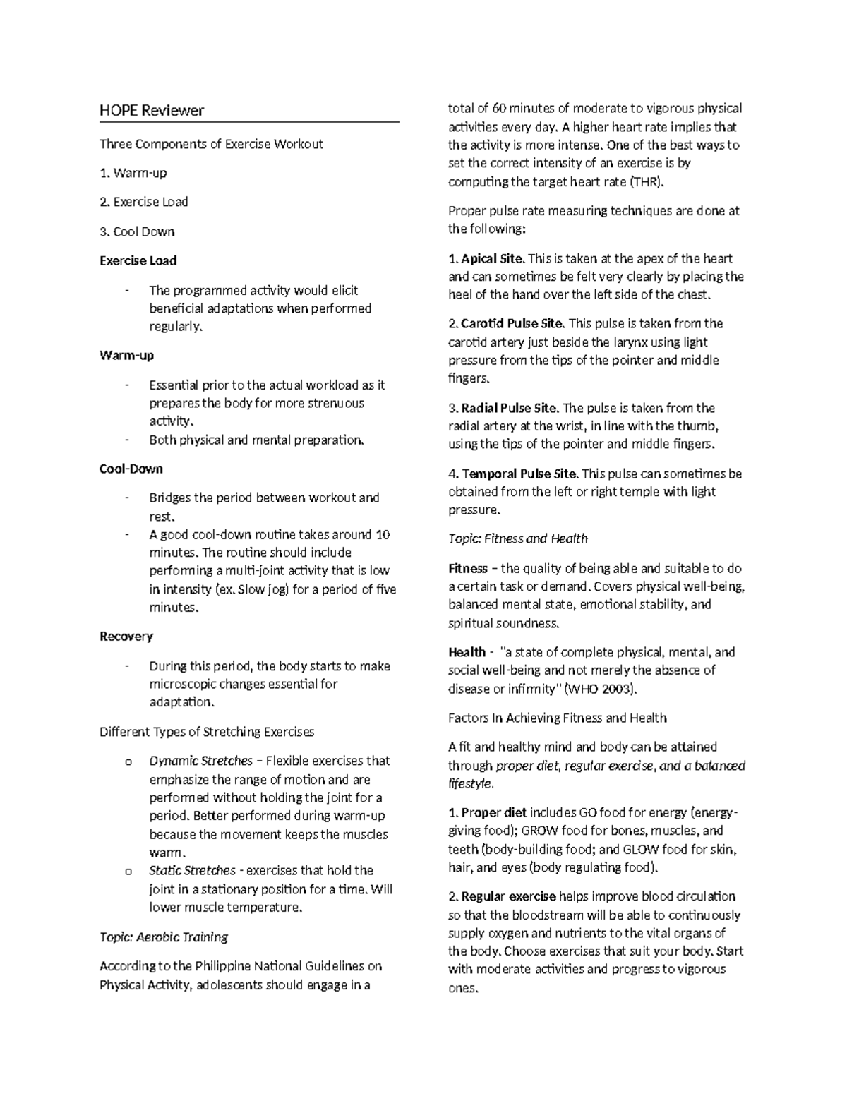 HOPE-Reviewer - HOPE Reviewer Three Components of Exercise Workout Warm ...