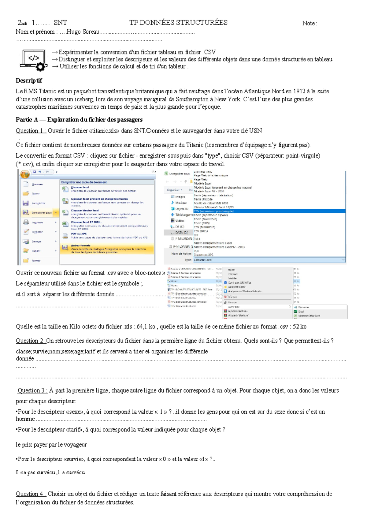 TP Donnees- Structurees-SNT-2nd-1 eleve - 2 nde 1....... SNT TP DONNÉES STRUCTURÉES Note : Nom ...