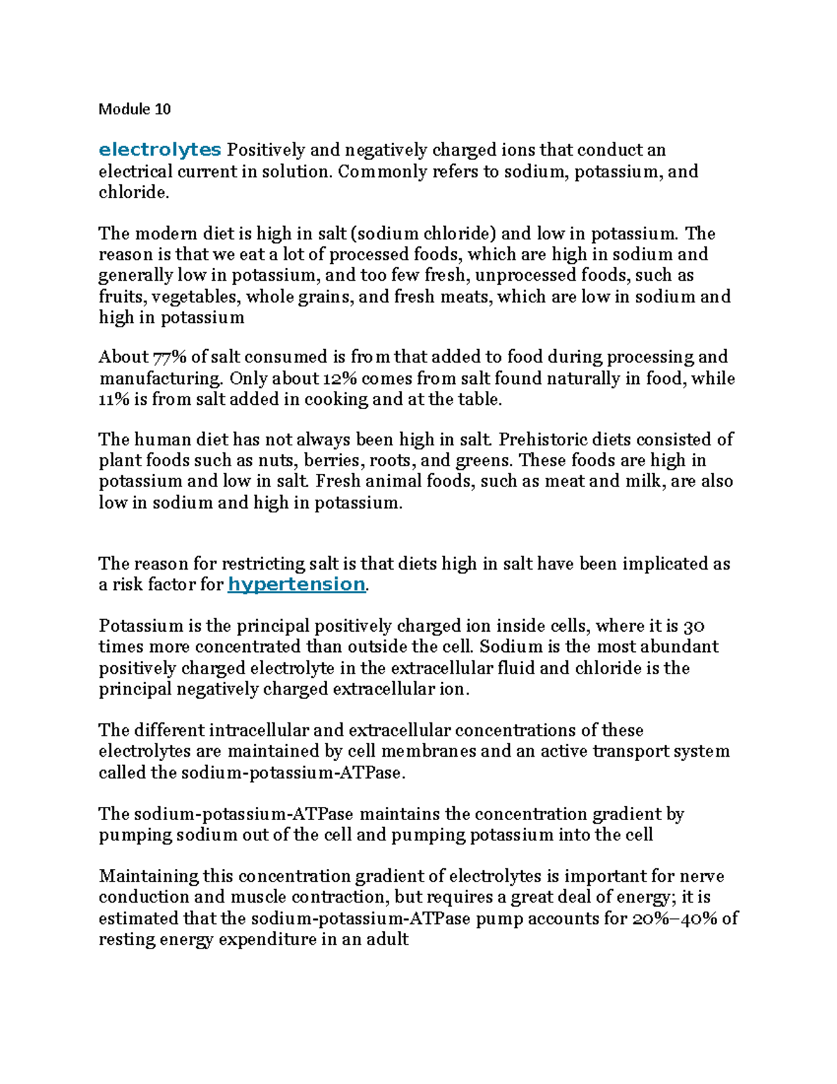 Nutr 120 module 10 - Module 10 electrolytes Positively and negatively ...