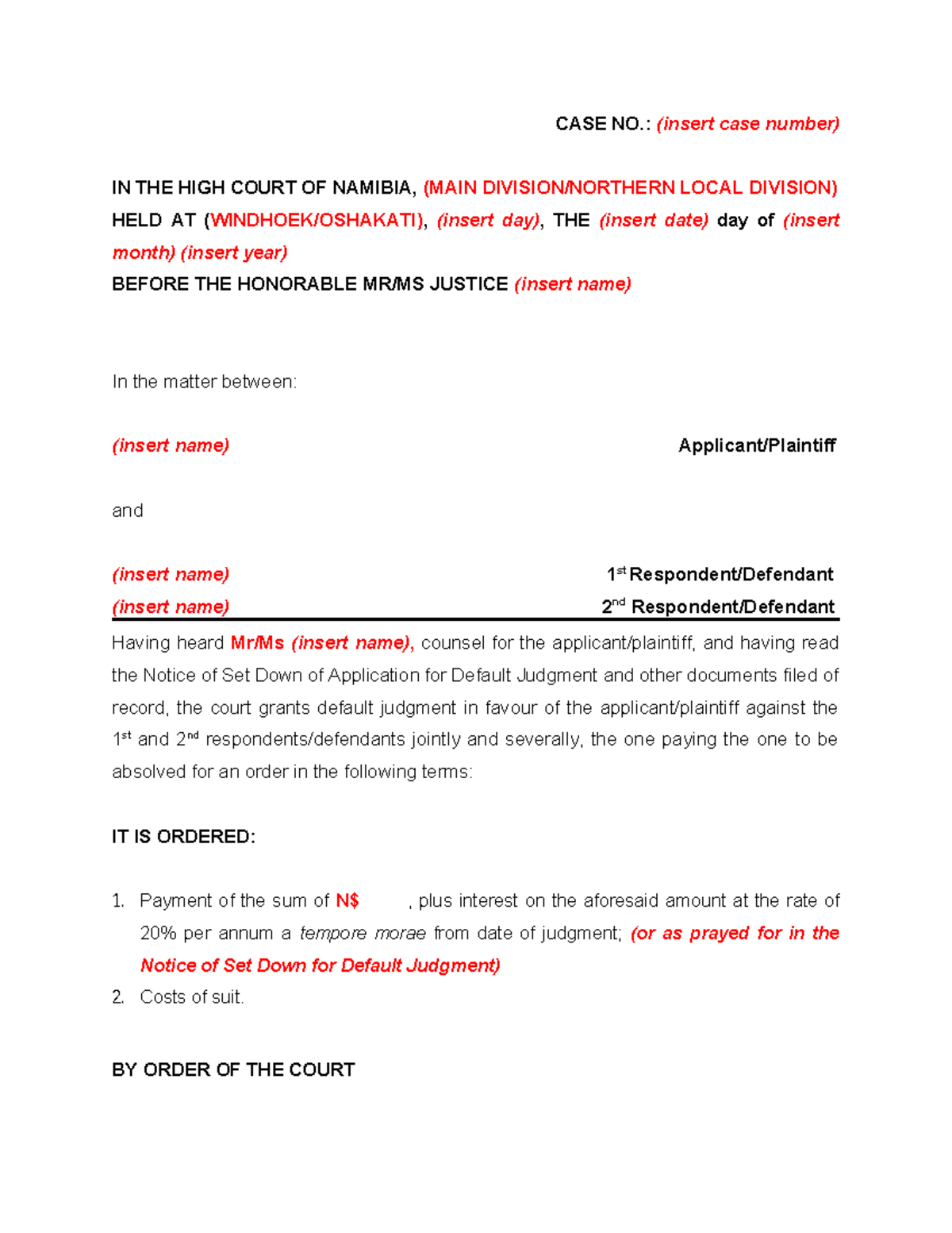 Default Judgment - Tamplate - CASE NO.: (insert case number) IN THE ...