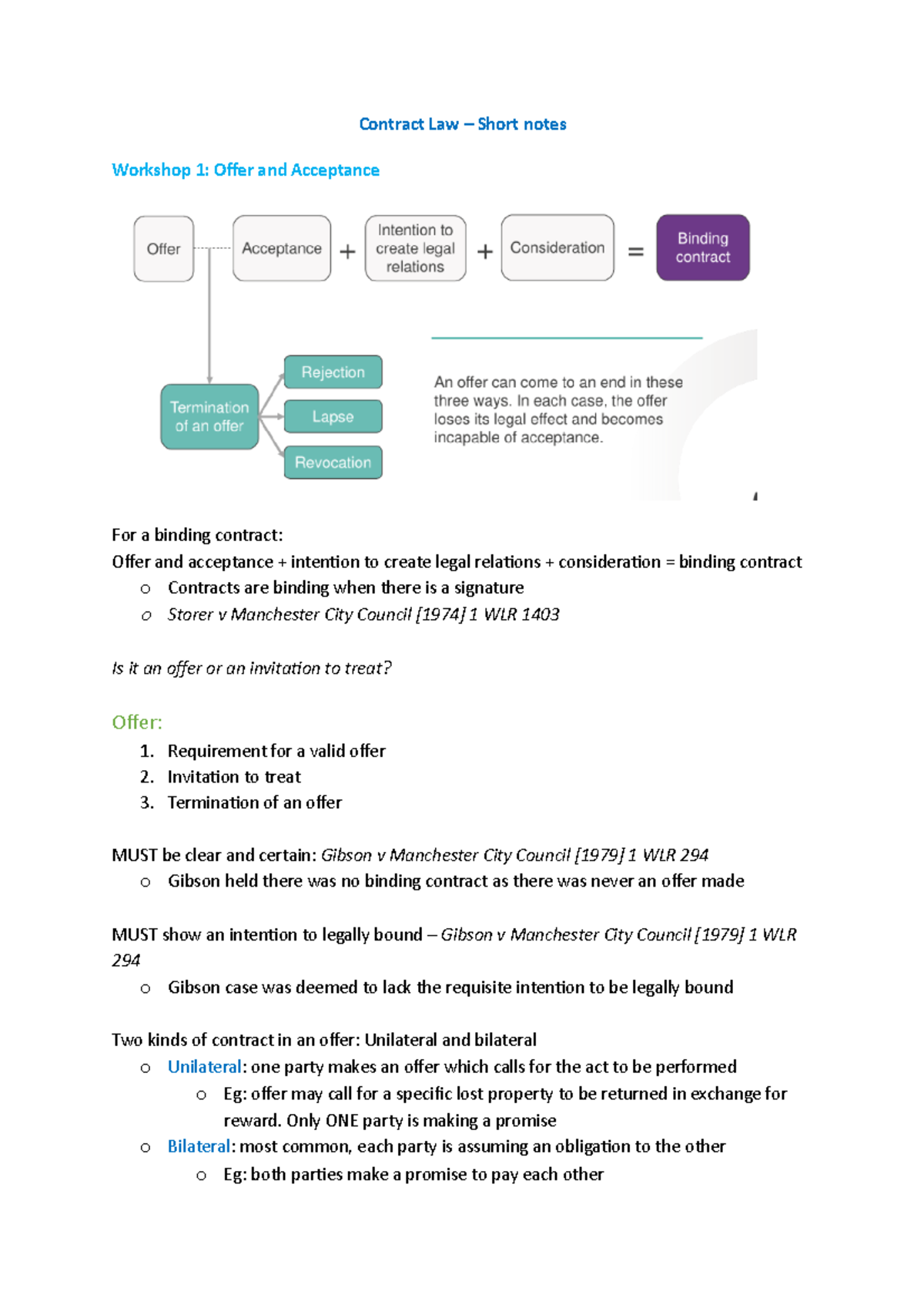 Contract Law Short notes - Contract Law – Short notes Workshop 1: Offer ...