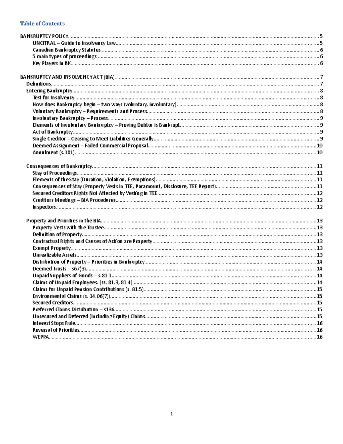 Bankruptcy Law, Prof. Dietrich, 2015 , Map - MGSC30 - U of T - Studocu
