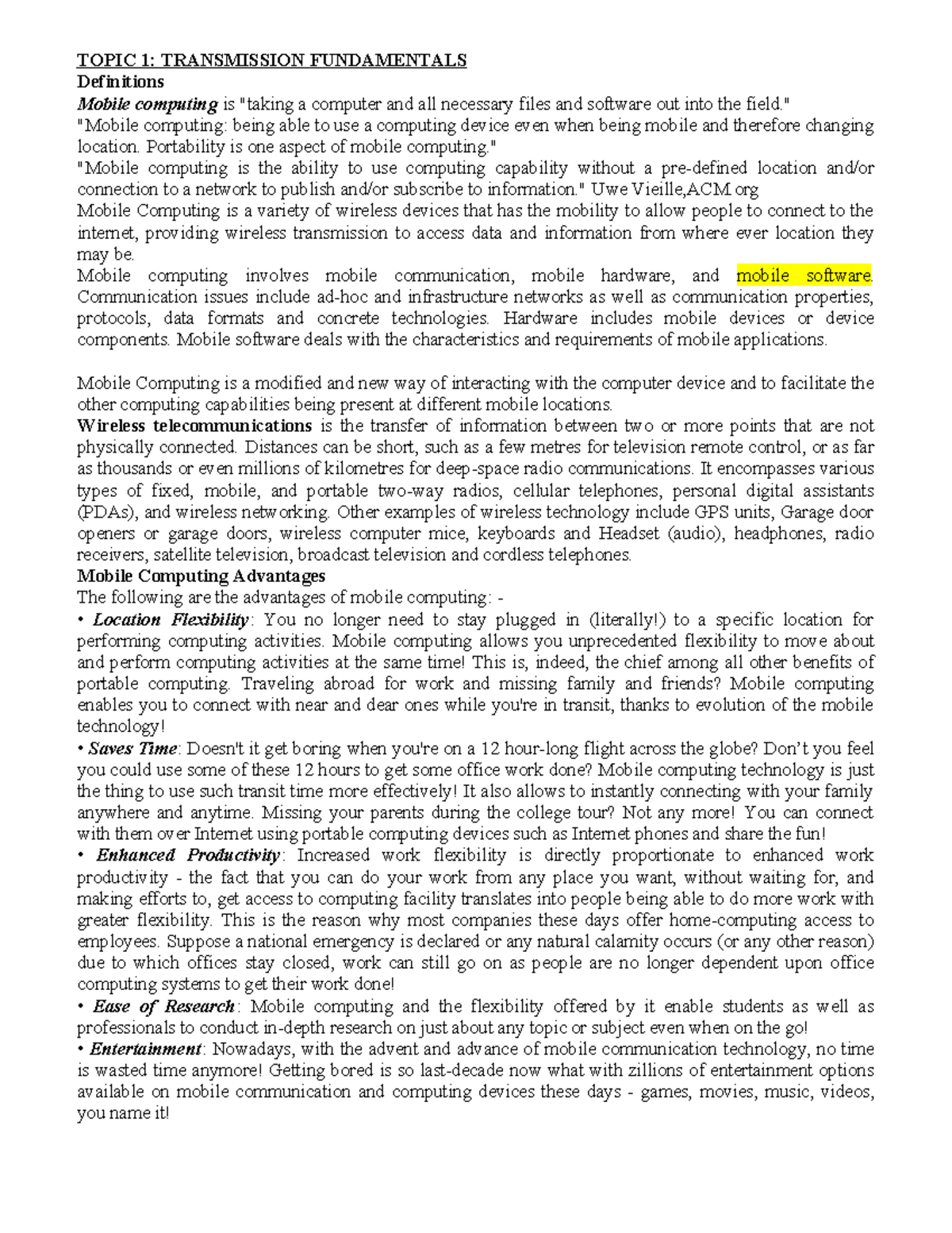 Topic 1-Introduction Mobile computing - TOPIC 1: TRANSMISSION FUNDAMENTALS Definitions Mobile ...
