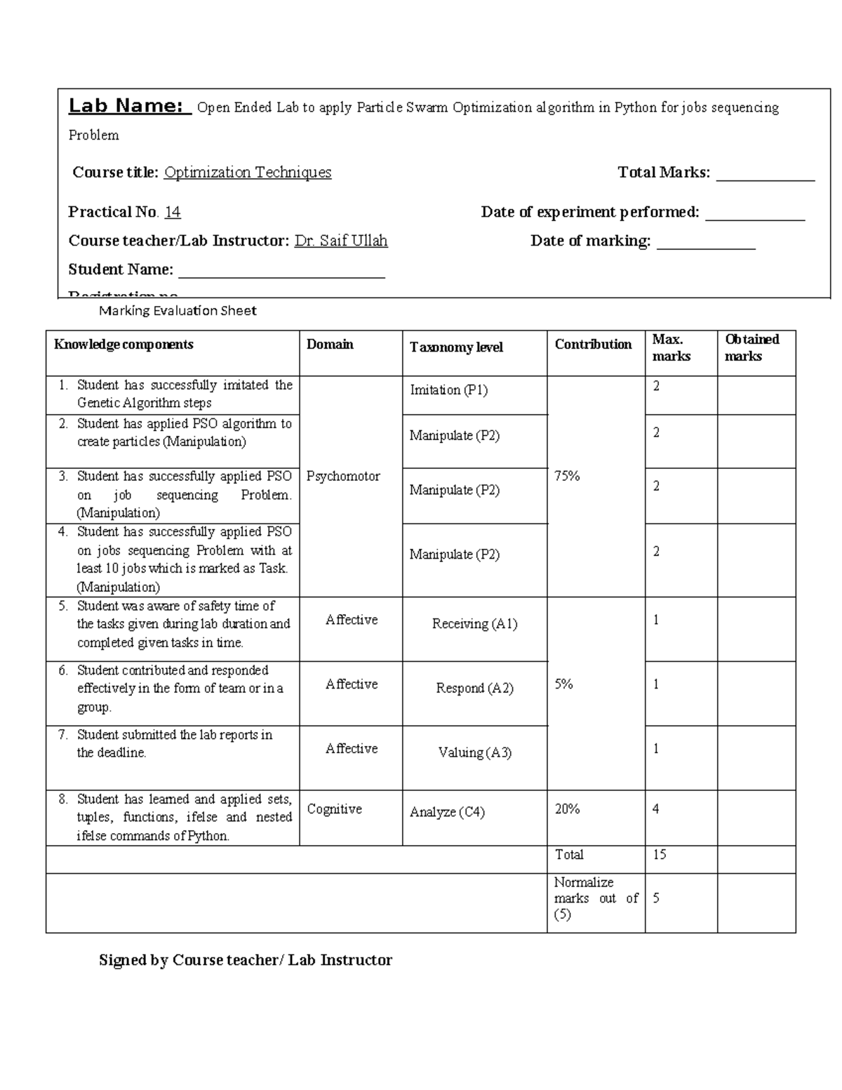 OT LAB 14 - Lab report - Marking Evaluation Sheet Knowledge components ...