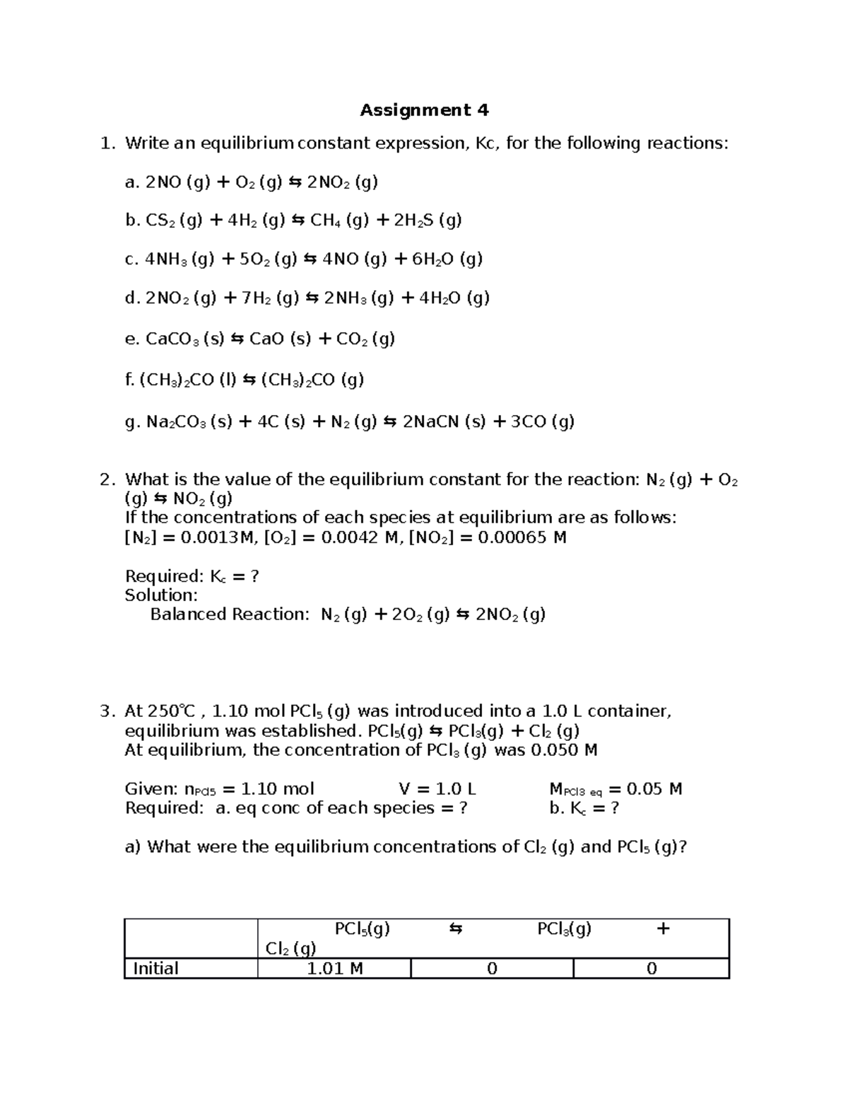 Assignment 4 Equilibrium(LEC) - Assignment 4 Write an equilibrium ...