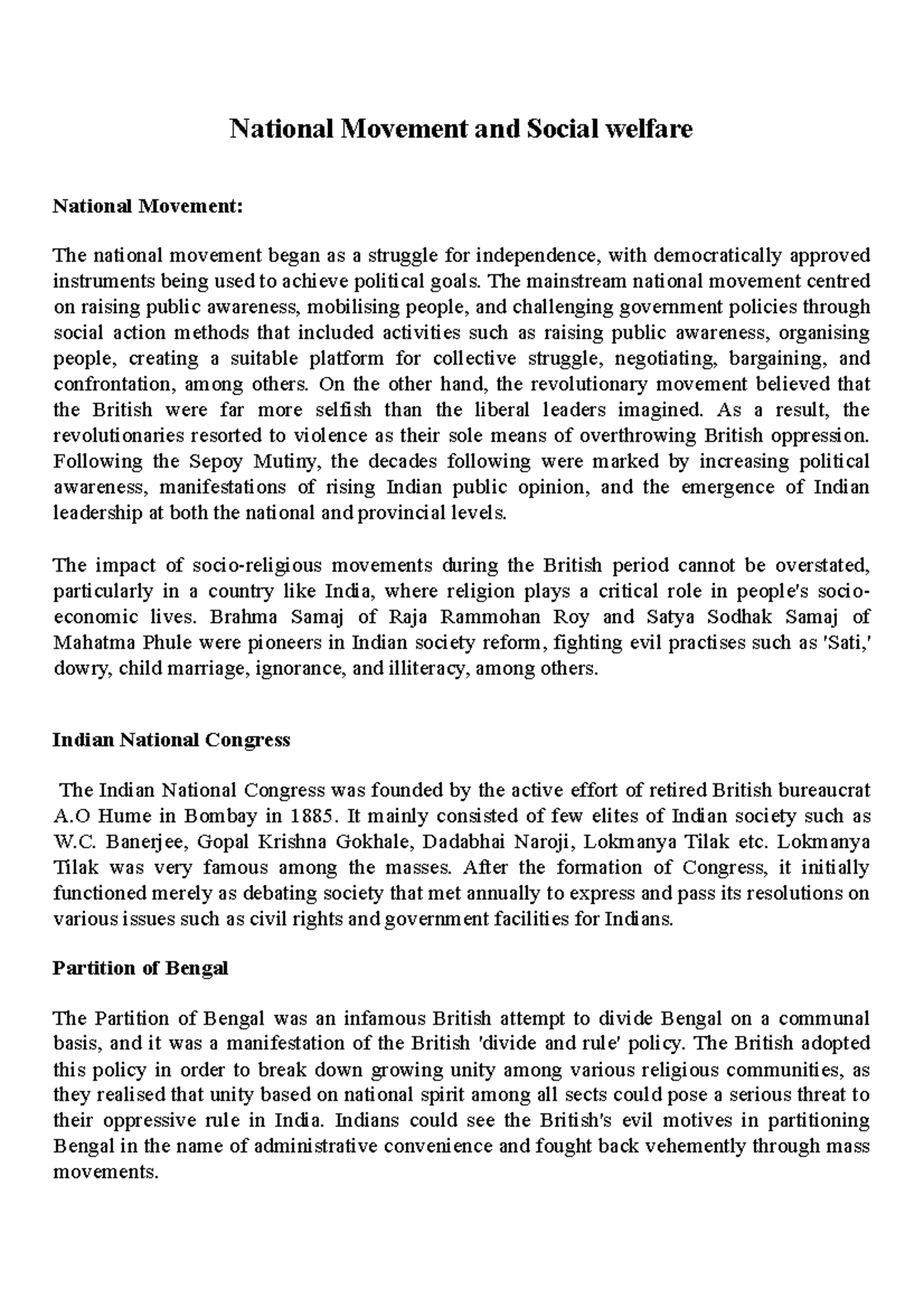 National Movement and Social welfare - National Movement and Social ...