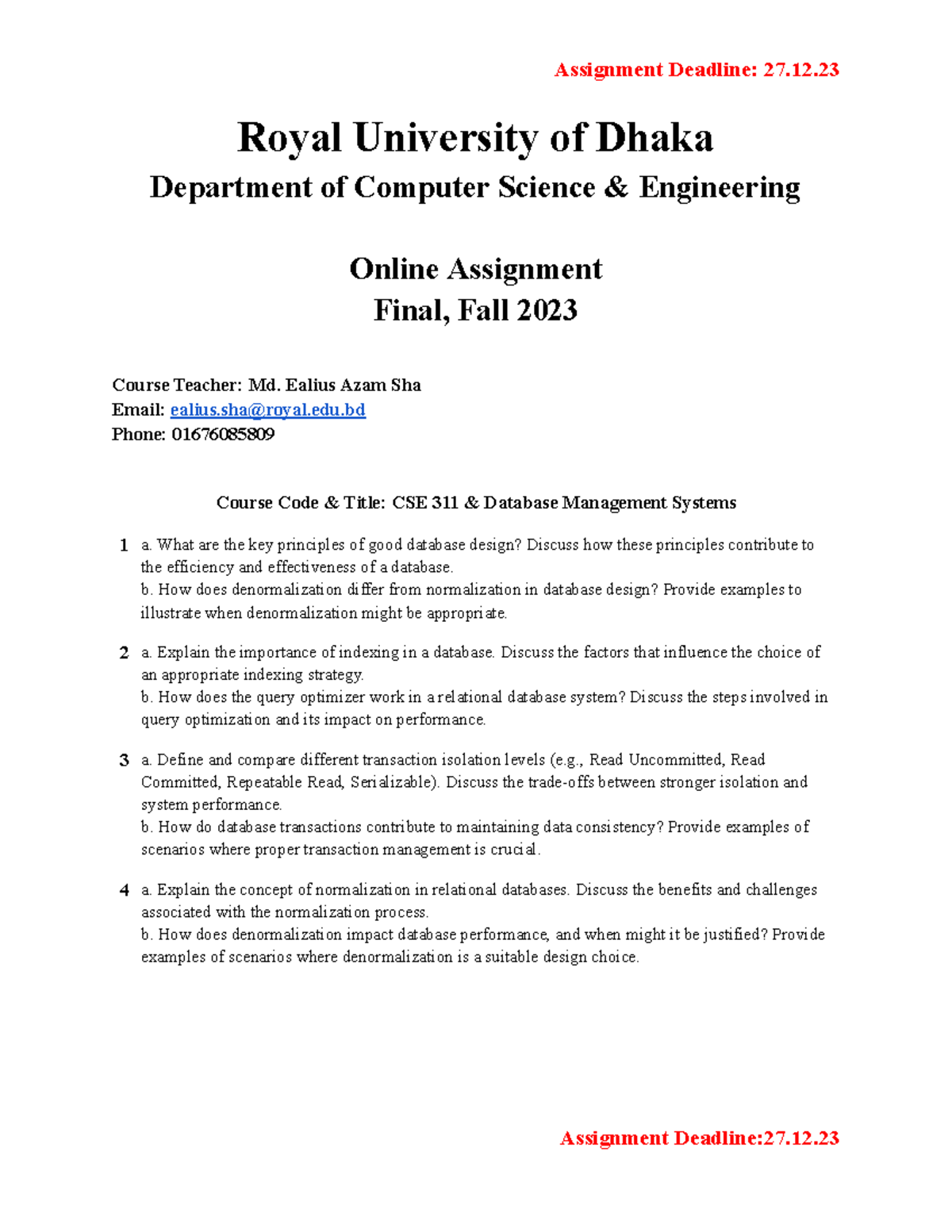 Fall 2023 Final Online Assignment - Royal University of Dhaka Department of Computer Science ...