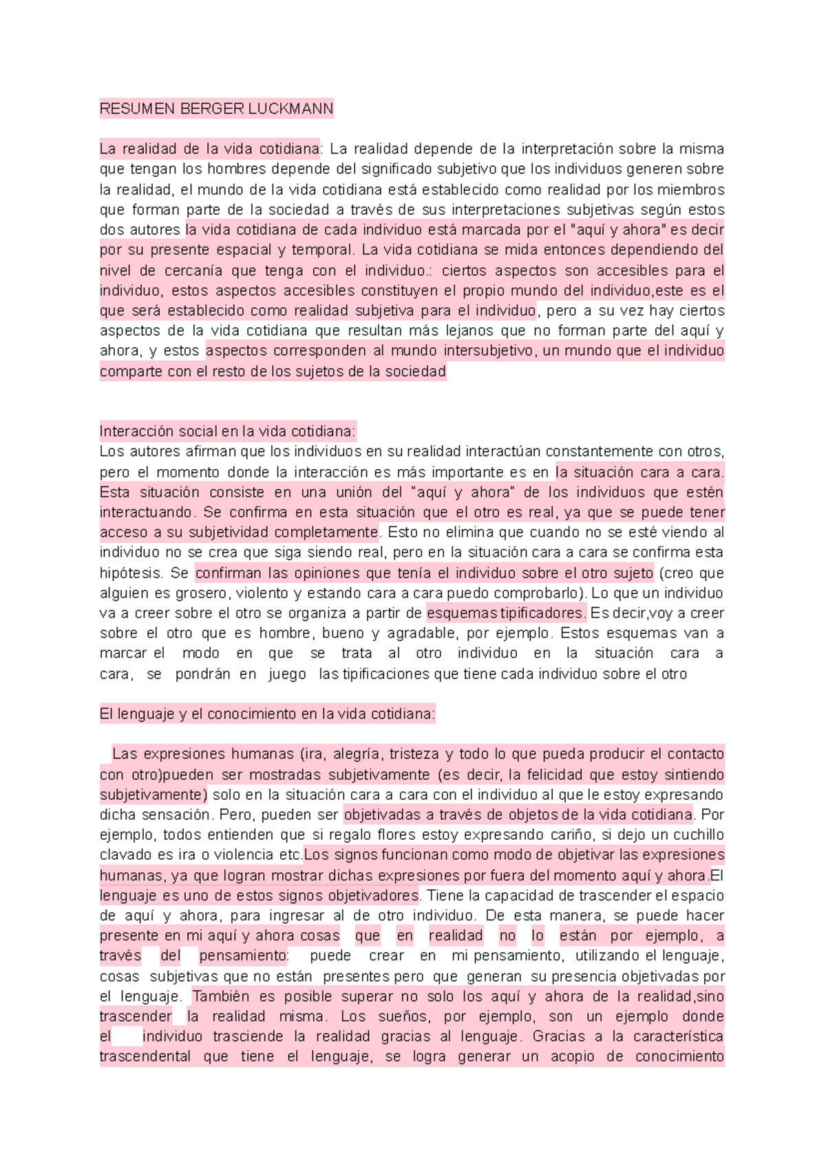 Resumen Berger Luckmann - RESUMEN BERGER LUCKMANN La realidad de la ...