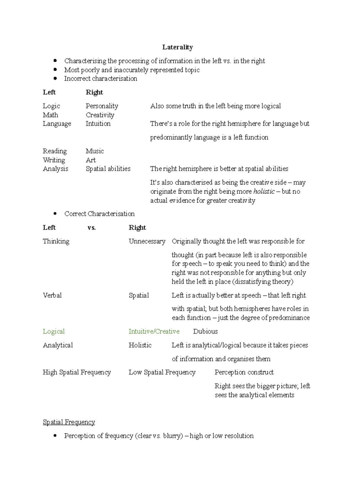 Week 10 Laterality - Lecture notes 10 - Laterality Characterising the ...