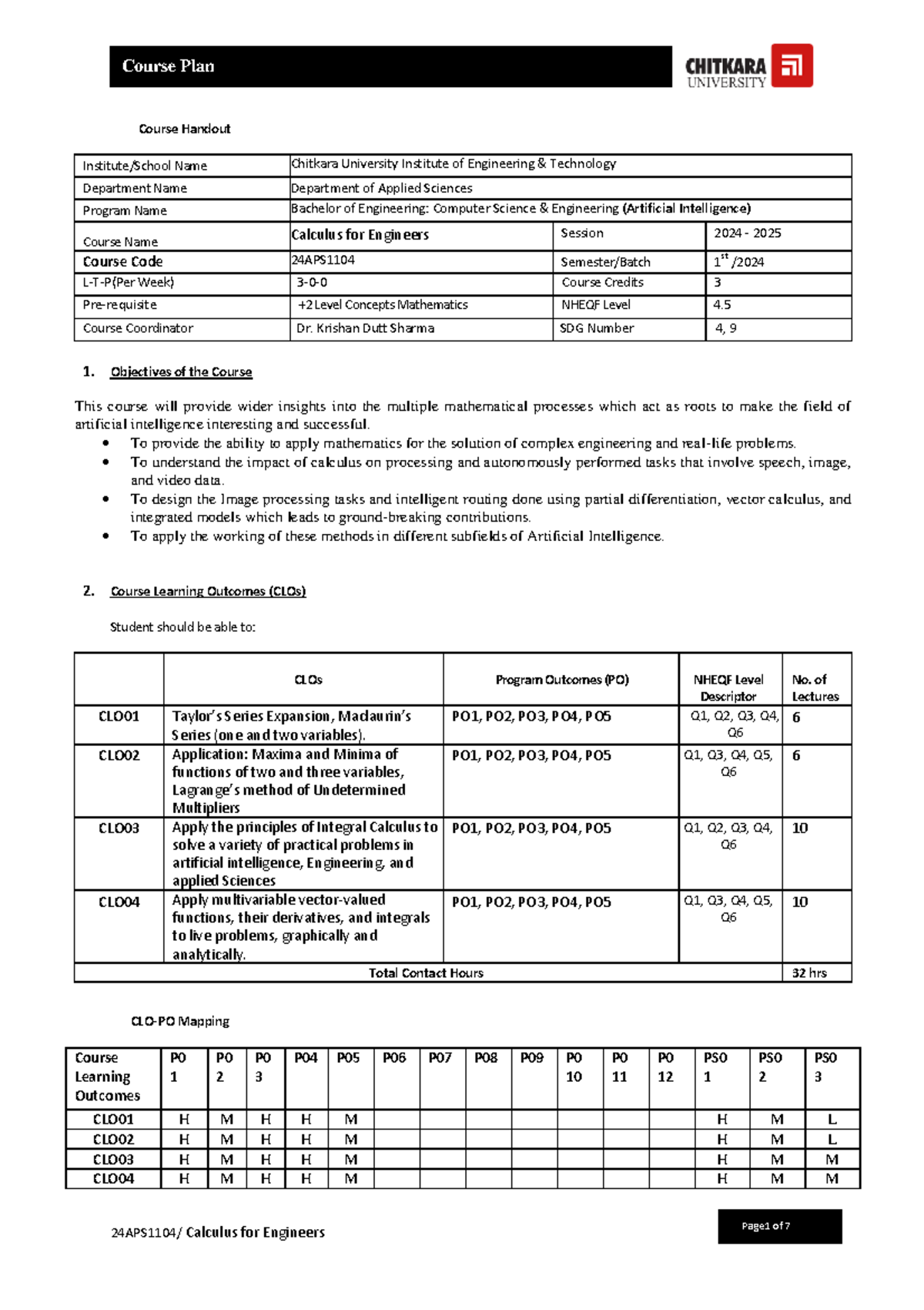 Calculas - notes - Course Handout Institute/School Name Chitkara ...
