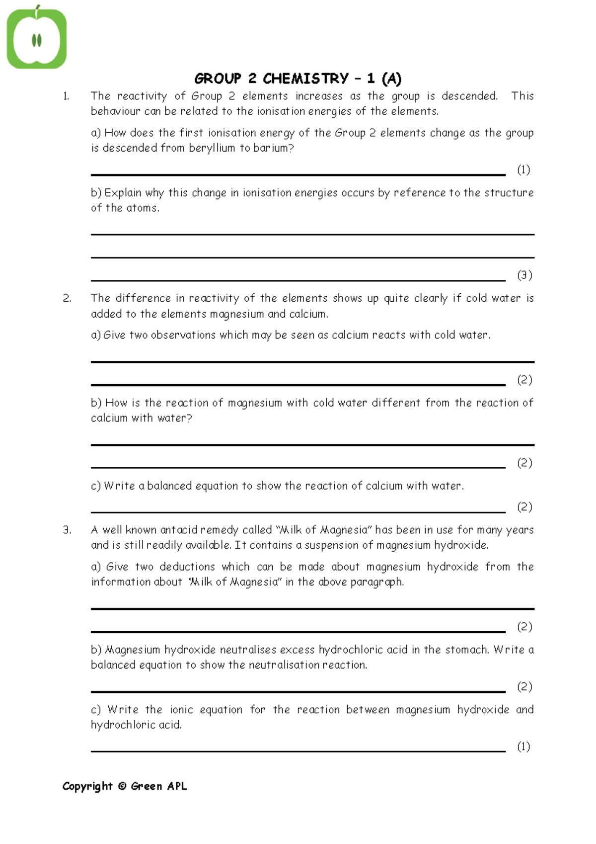 Group 2 chemistry 1A (T) - Copyright © Green APL GROUP 2 CHEMISTRY – 1 ...
