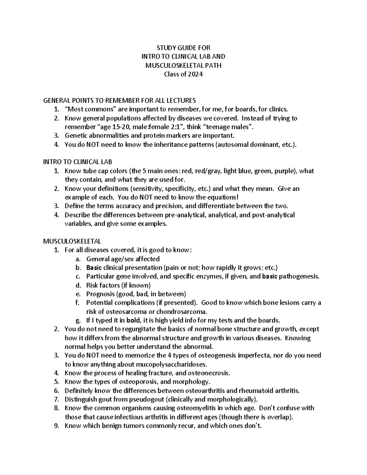 MSK Path Study Guide - STUDY GUIDE FOR INTRO TO CLINICAL LAB AND ...