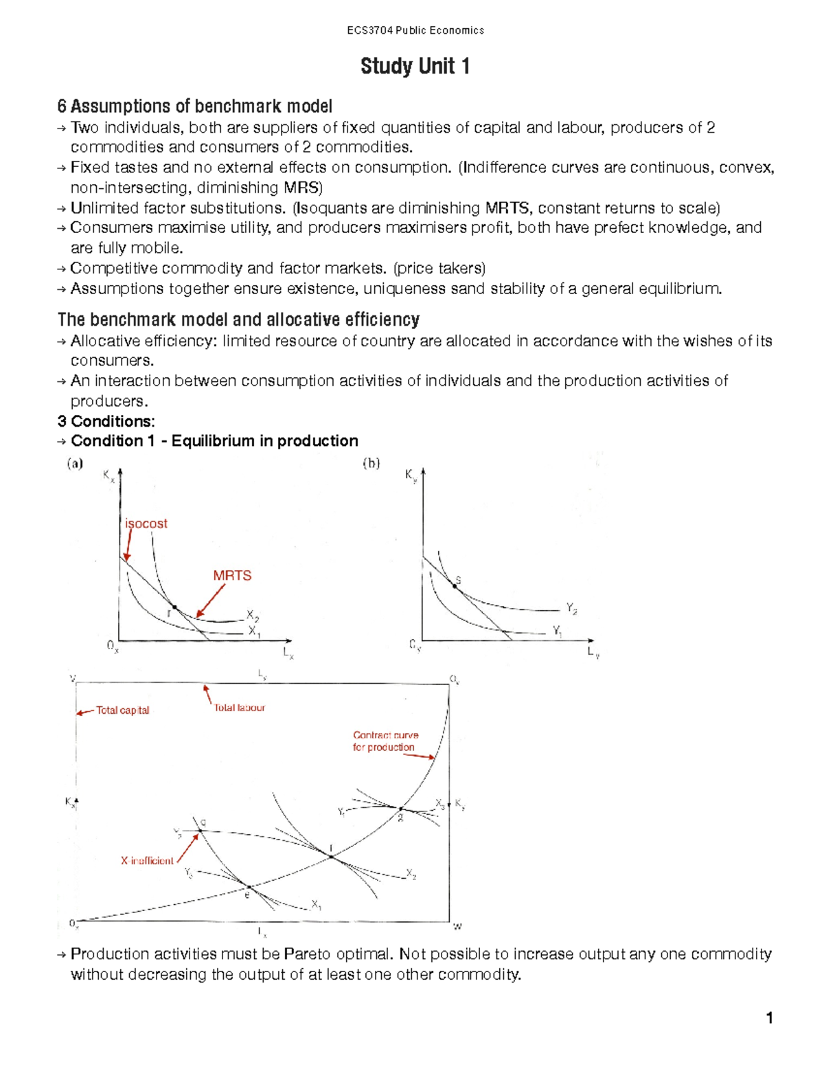 Public Economics Notes Good - Study Unit 1 6 Assumptions of benchmark ...