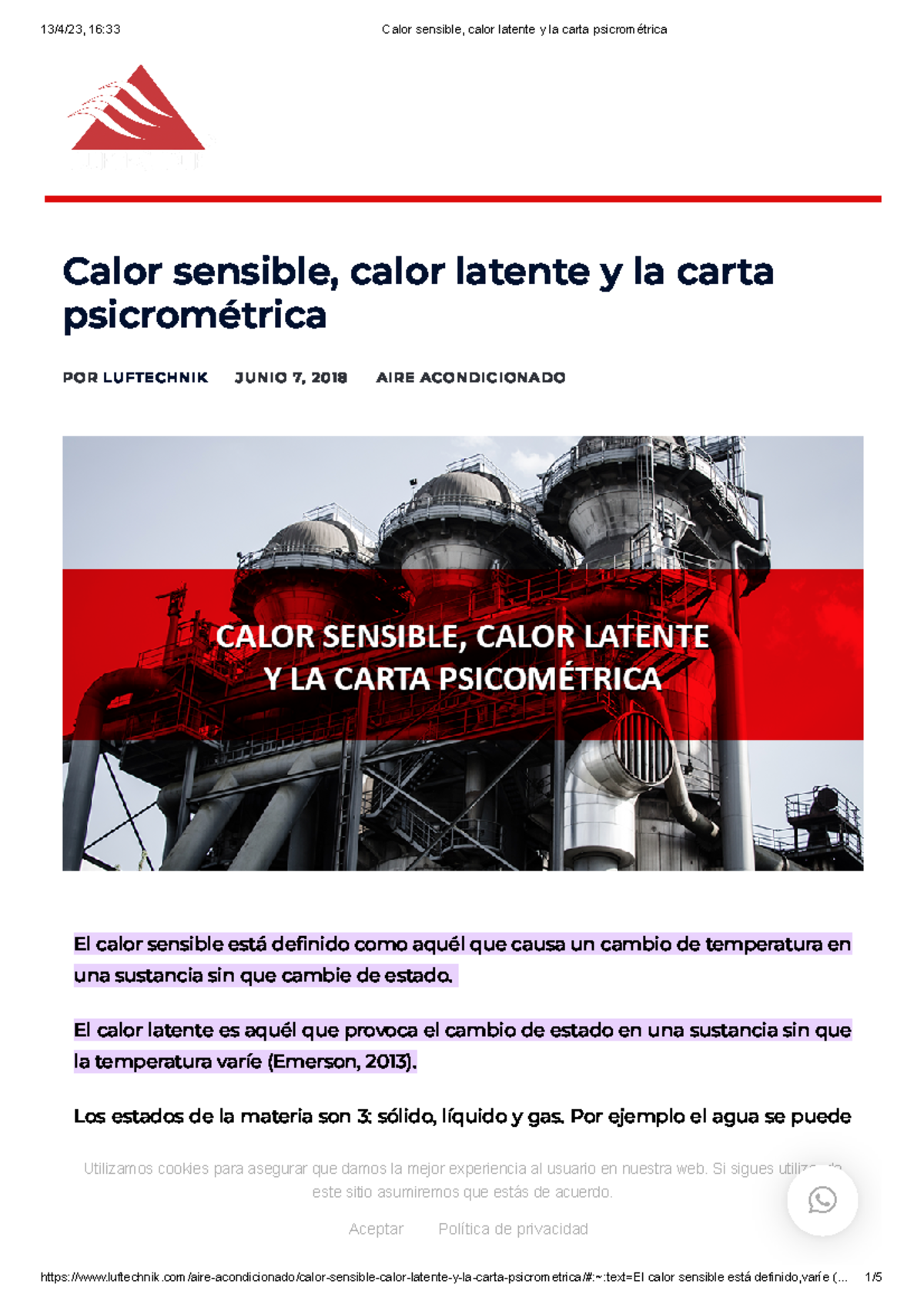 Calor sensible, calor latente y la carta psicrométrica - Calor sensible ...