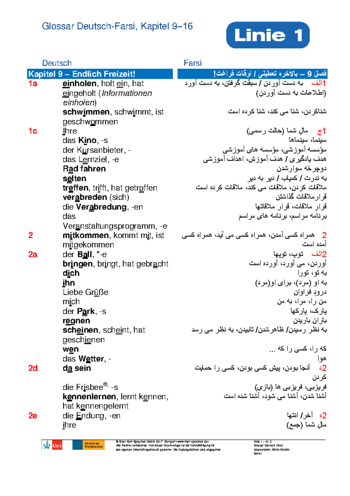 Linie 1 A1-2 Farsi - Word - Deutsch Farsi © Ernst Klett Sprachen GmbH 2017, Stuttgart | - Studocu