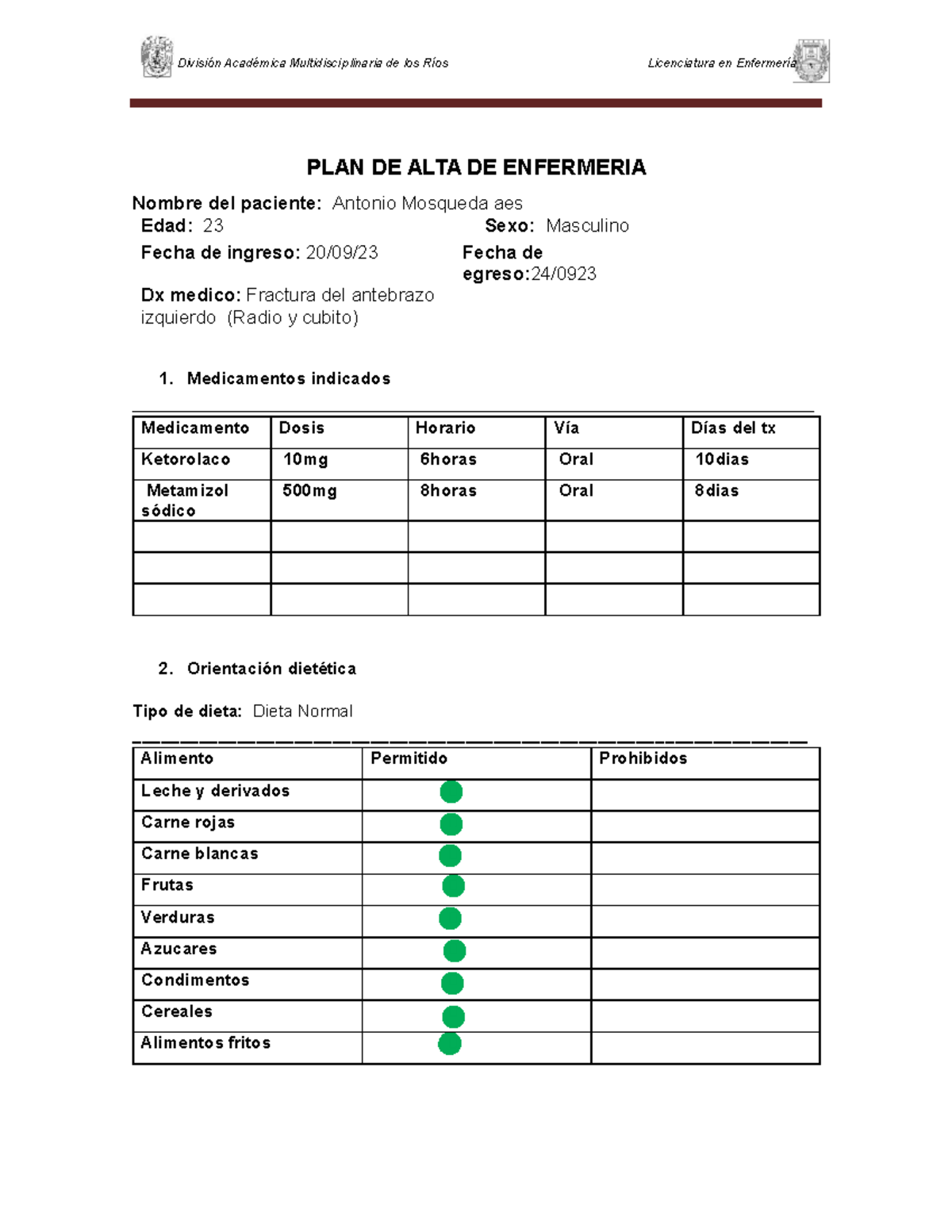Plan de alta editado - Plan de alta - PLAN DE ALTA DE ENFERMERIA Nombre ...