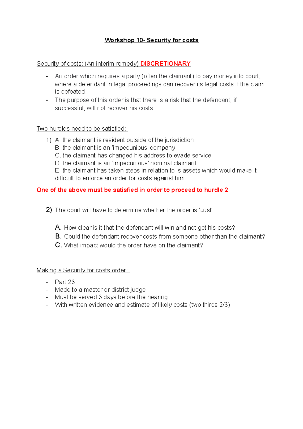 Workshop 10 - notes - Workshop 10- Security for costs Security of costs ...