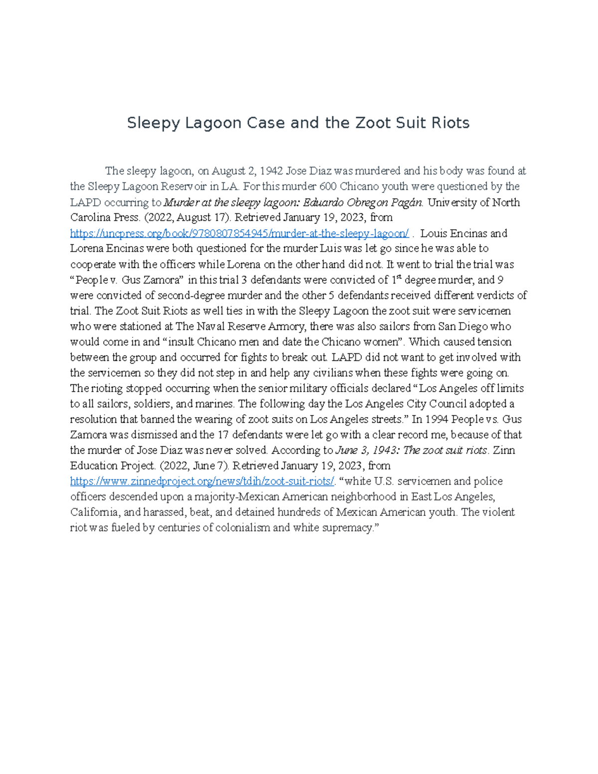 Sleepy lagoon FIN - Sleepy Lagoon Case and the Zoot Suit Riots The ...