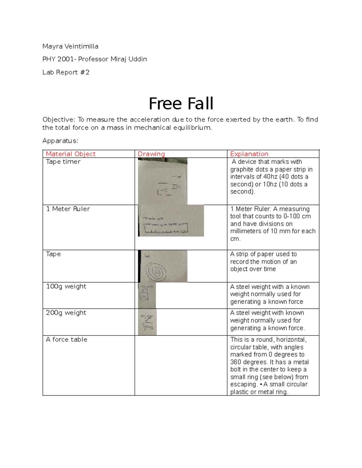 Experiment 2 free fall physics - Mayra Veintimilla PHY 2001- Professor ...