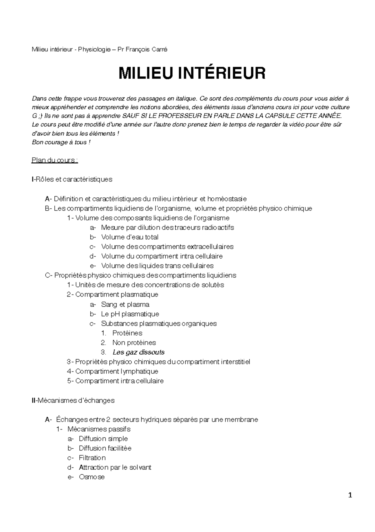 Milieu Intérieur - Pr François Carré - Milieu intérieur - Physiologie ...