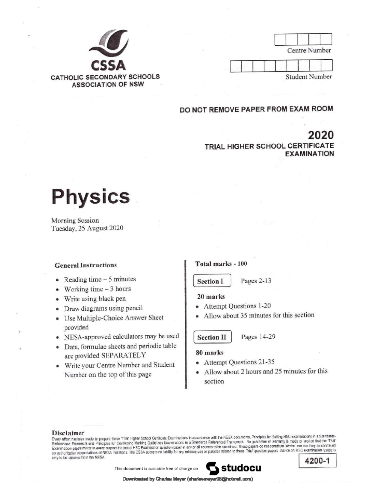 Cssaphys 2020 - cssa physics paper 2020 - Studocu