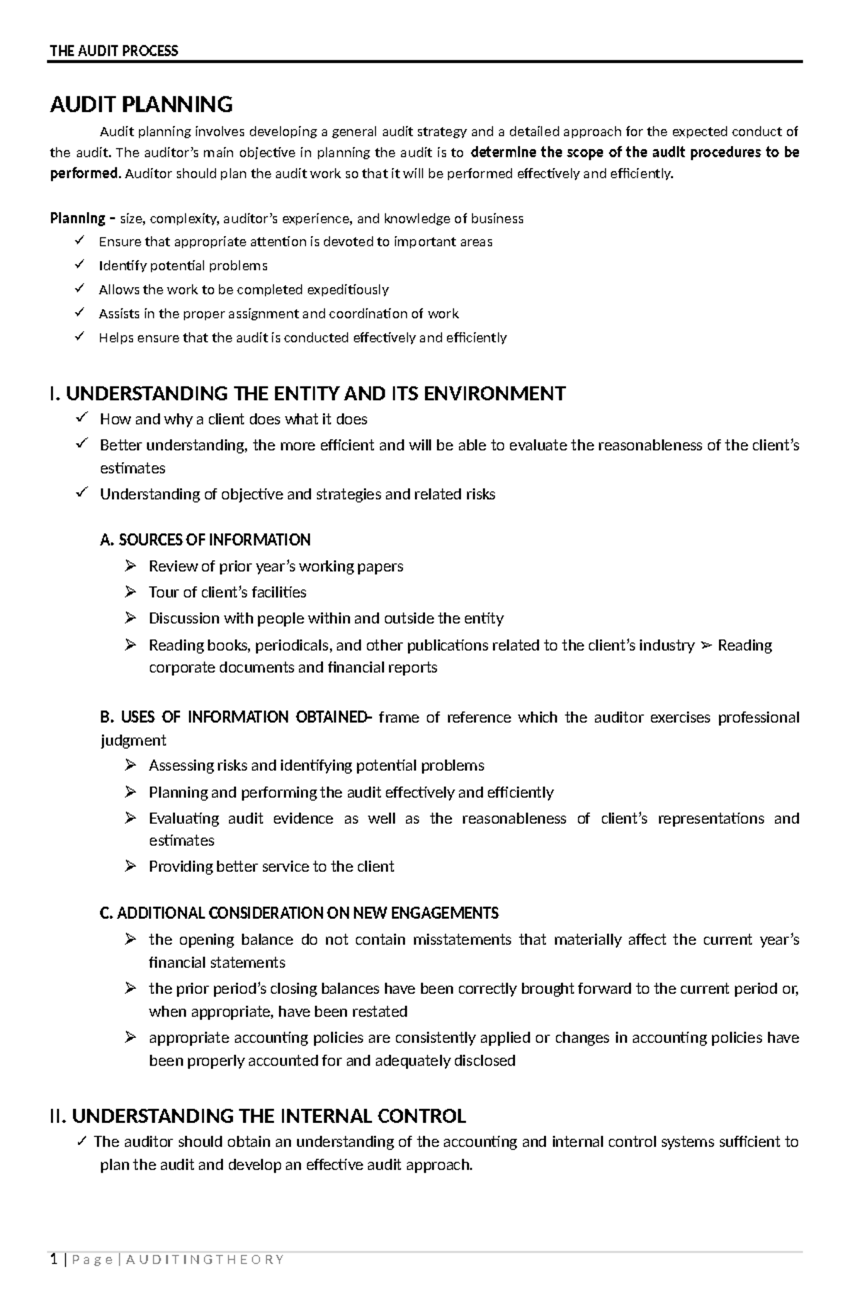 THE Audit Process - THE AUDIT PROCESS AUDIT PLANNING Audit planning ...