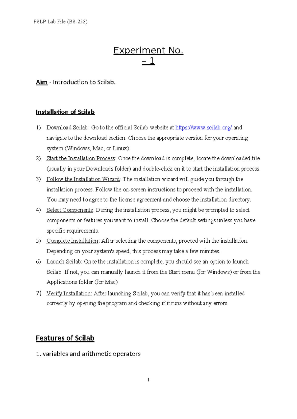 PSLP Lab file - pslp lab file - Experiment No. – 1 Aim - Introduction to Scilab. Installation of ...